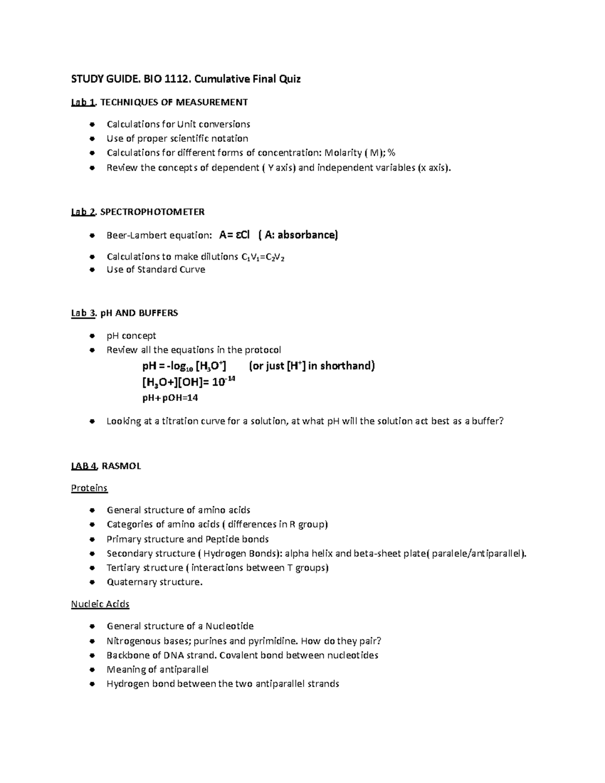 BIO 1112-Study Guide Final - STUDY GUIDE. BIO 1112. Cumulative Final ...