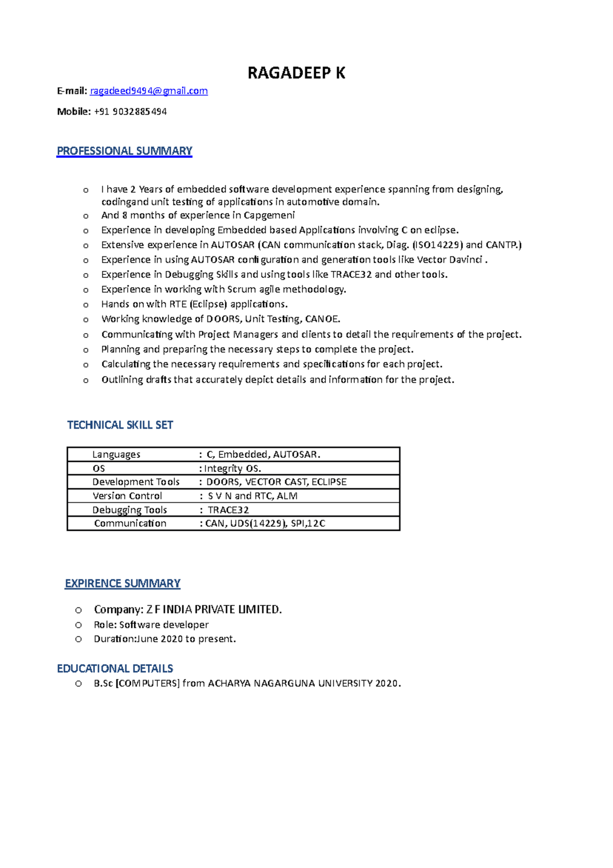 Raagadeep resume - so happy - RAGADEEP K E-mail: ragadeed9494@gmail ...