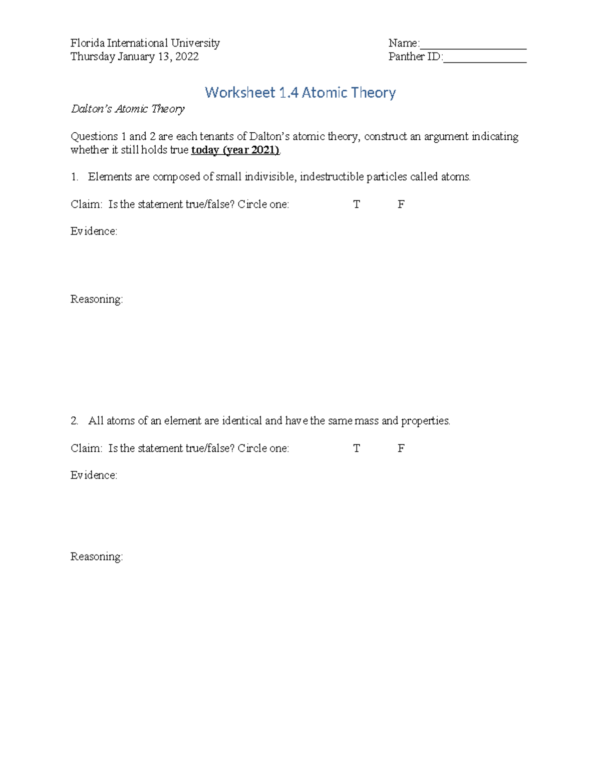 Wksht 1.4 Atomic Theory 1 - Florida International University Name ...