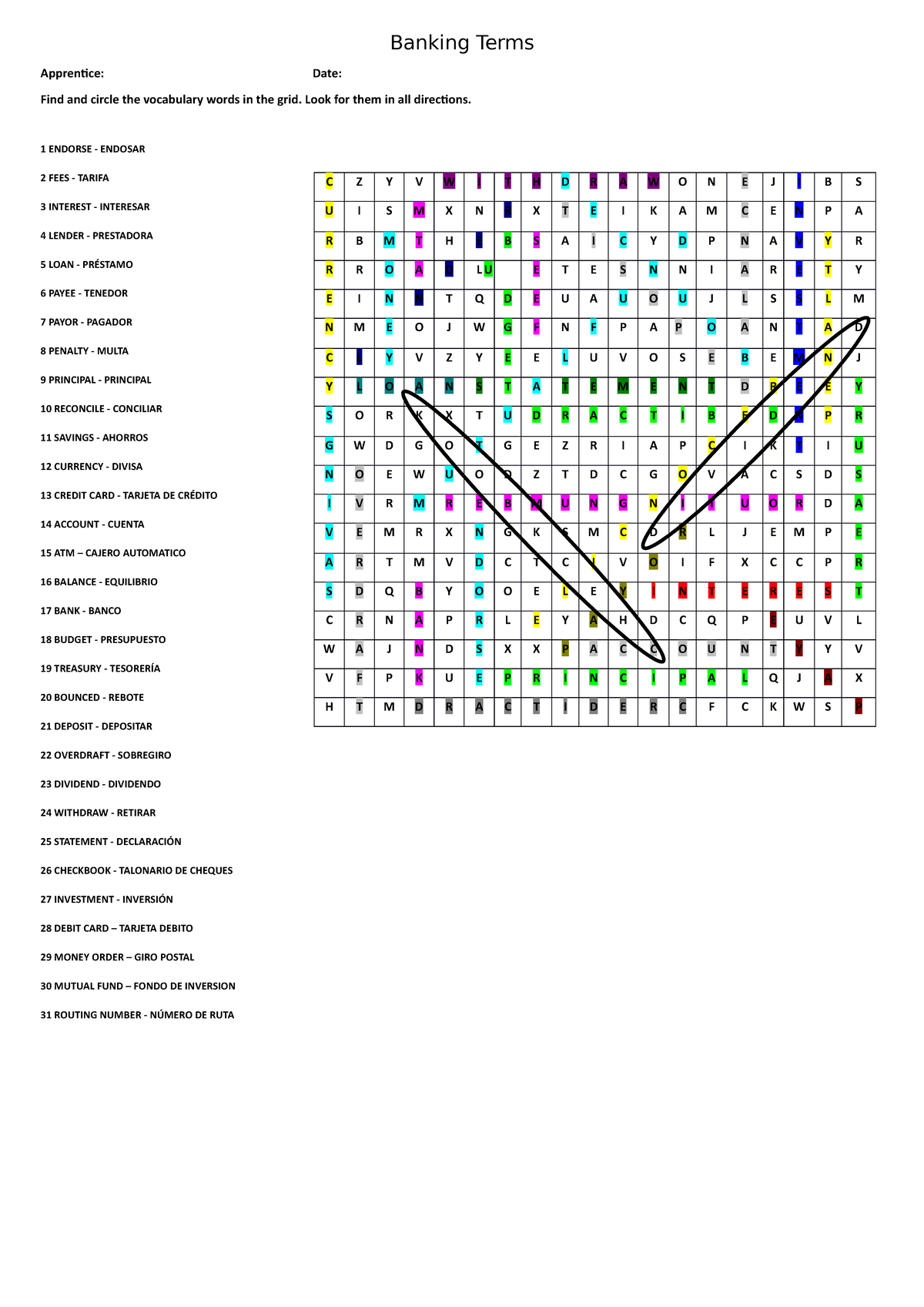 Guia 01 Banking Terms Crossword - Banking Terms Apprentice: Date: Find ...