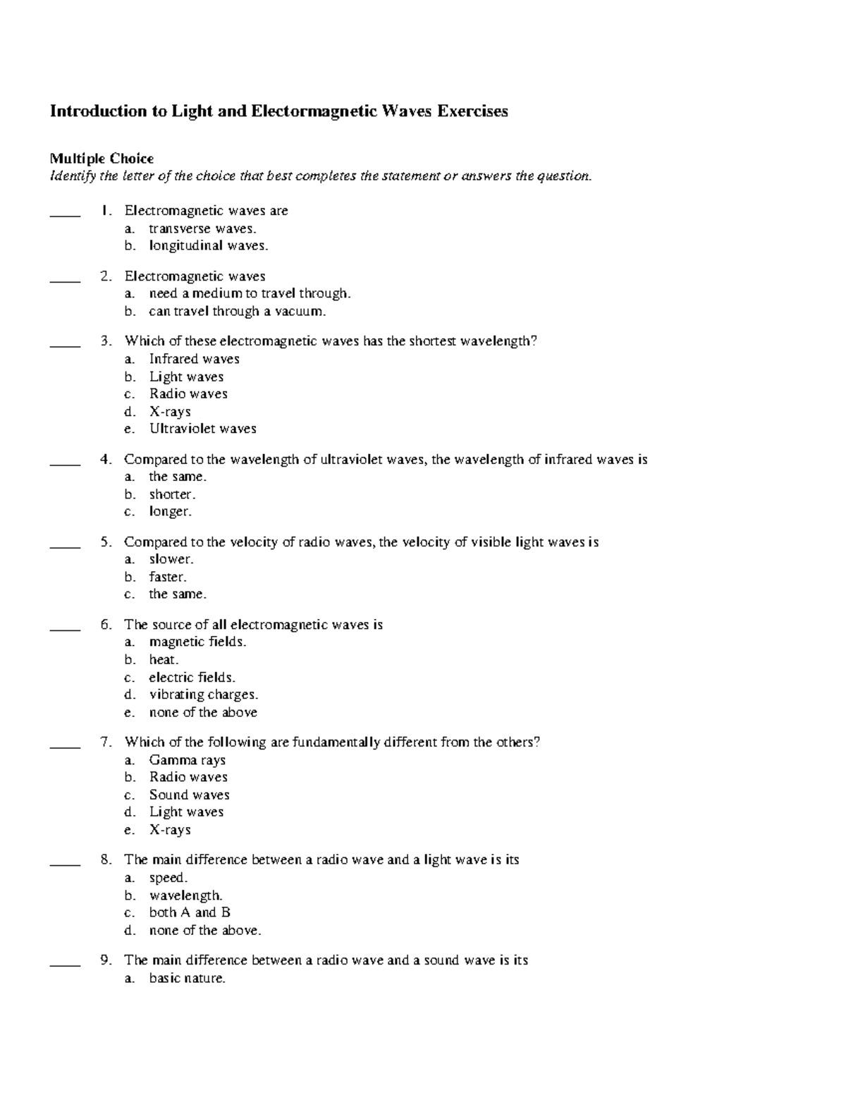 Introto Light Problem Set - Introduction to Light and Electormagnetic ...