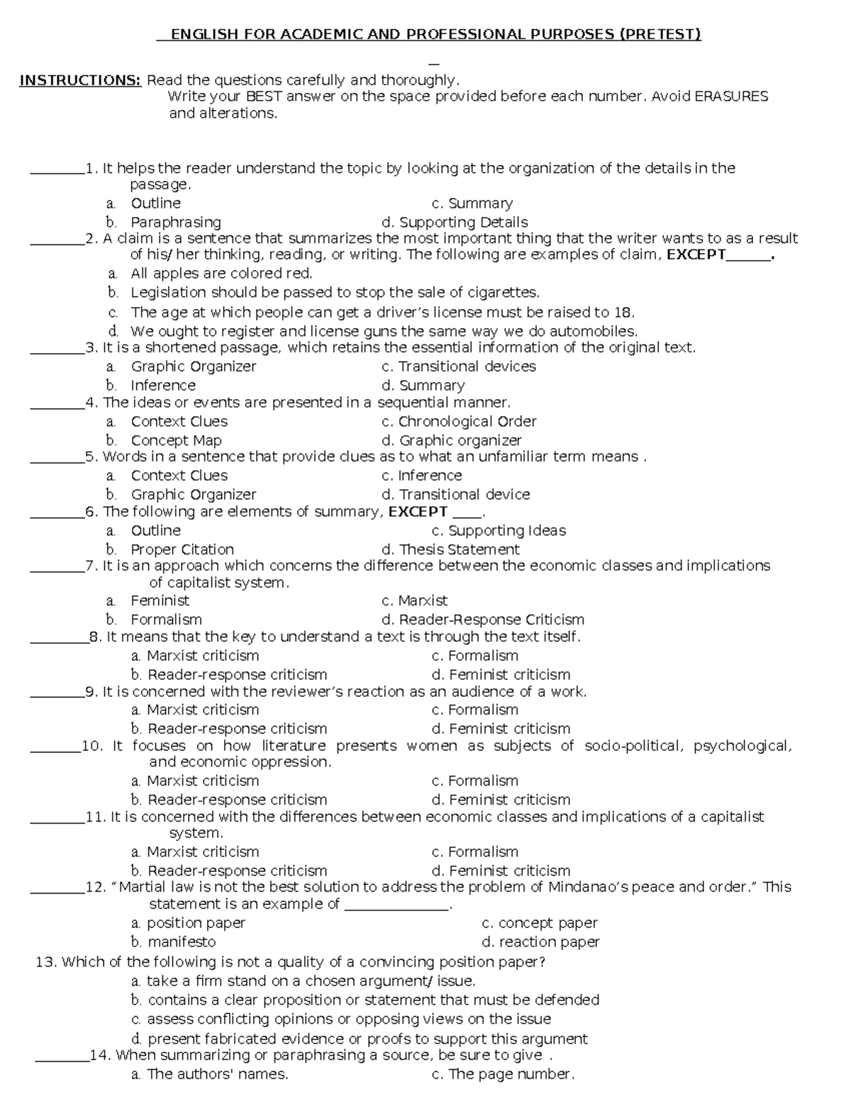English FOR Academic AND Professional Purposes PRE-TEST - ENGLISH FOR ...