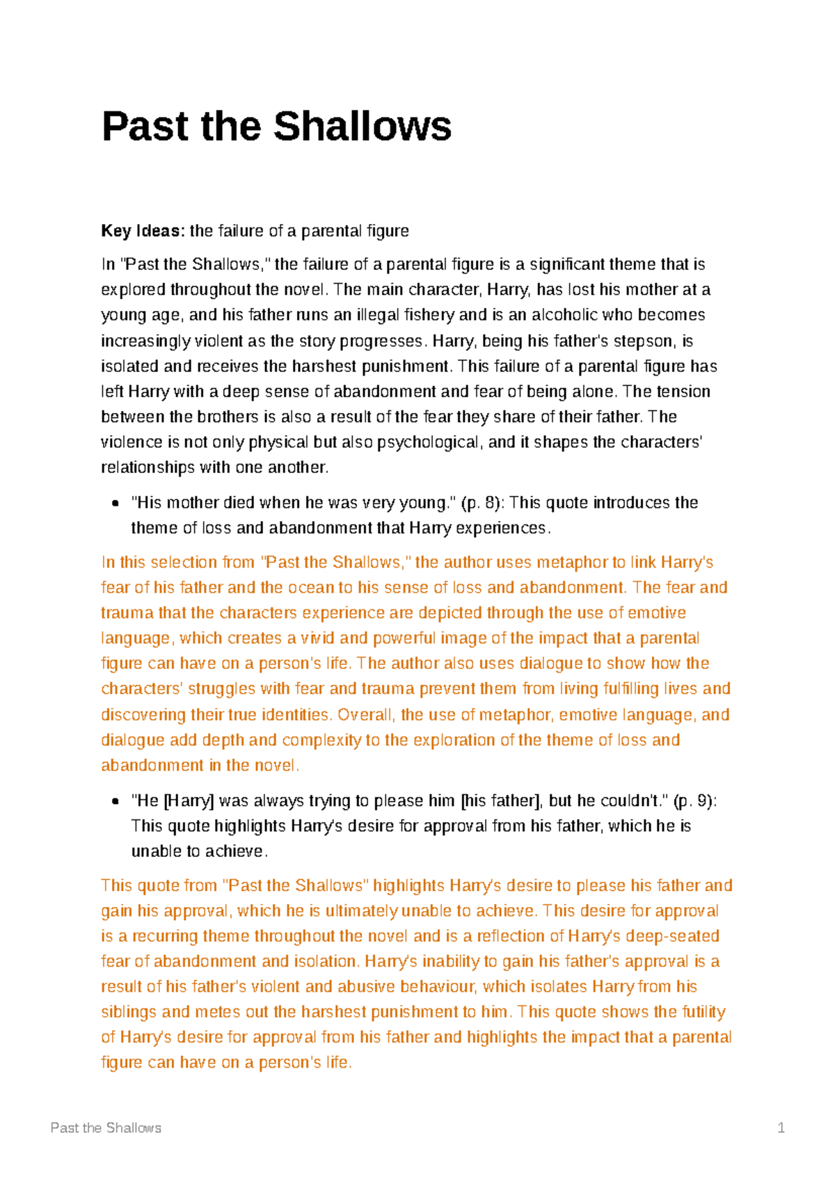 Past the shallows - Quotes and brief analysis - Past the Shallows Key ...