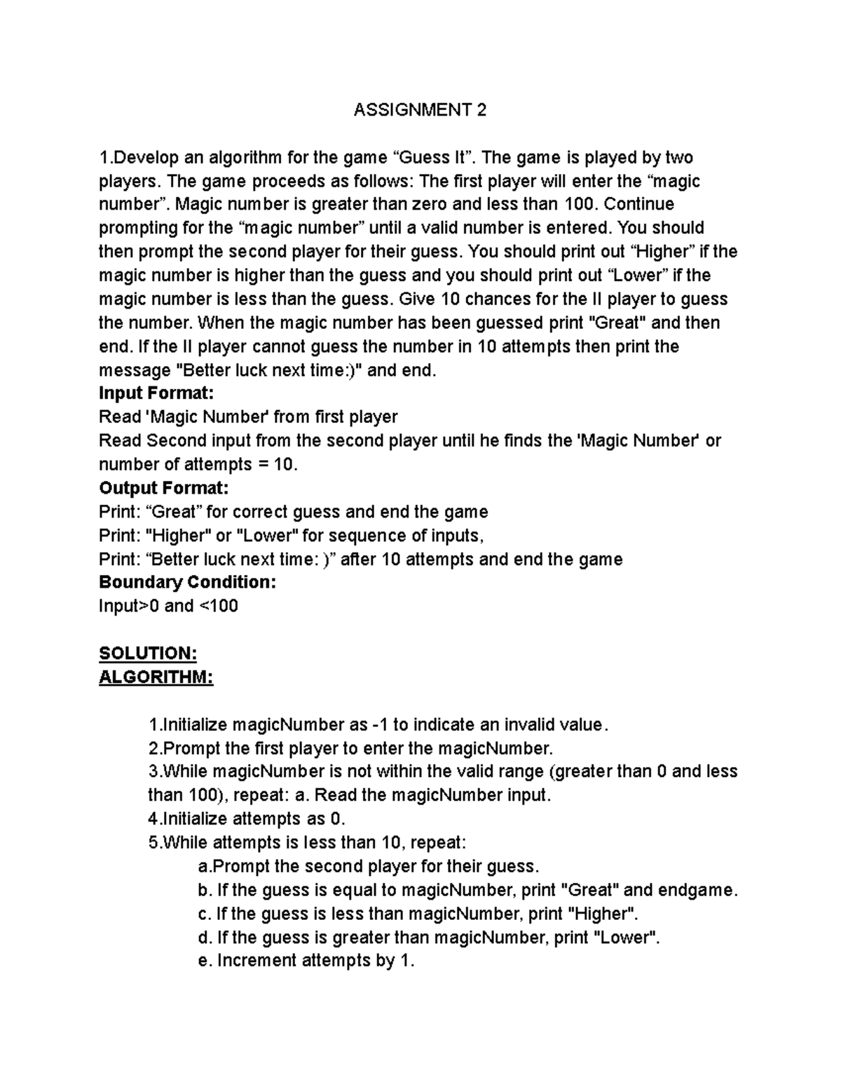 Dsa Assignment 2 Assignment 2 1 An Algorithm For The Game Guess It” The Game Is Played By