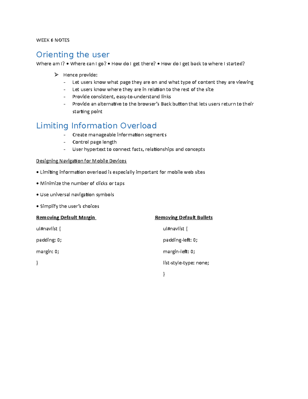 WEEK 6 Notes - helpful - WEEK 6 NOTES Orienting the user Where am I ...