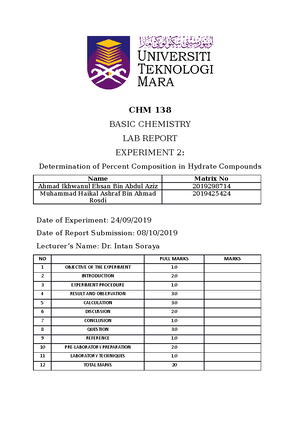 LAB Report CHM 138 - General Chemistry - UiTM - Studocu