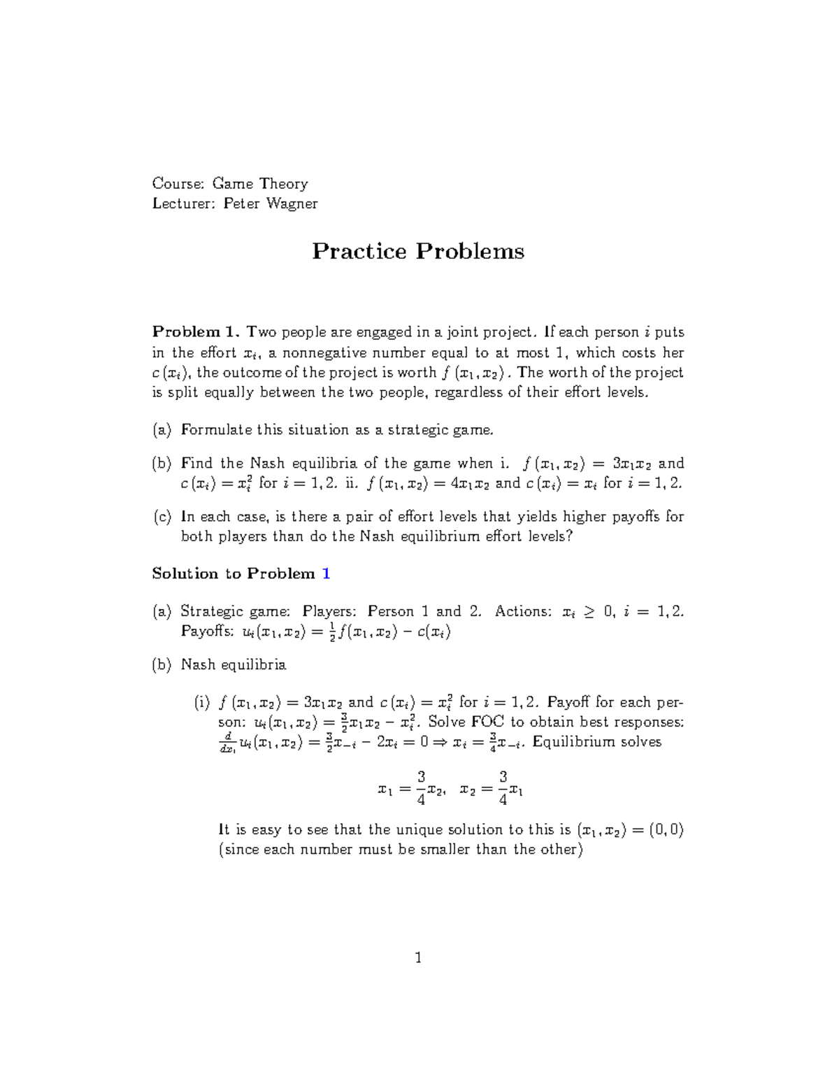 ECO00044 Game Theory Practice Problems - Course: Game Theory Lecturer ...