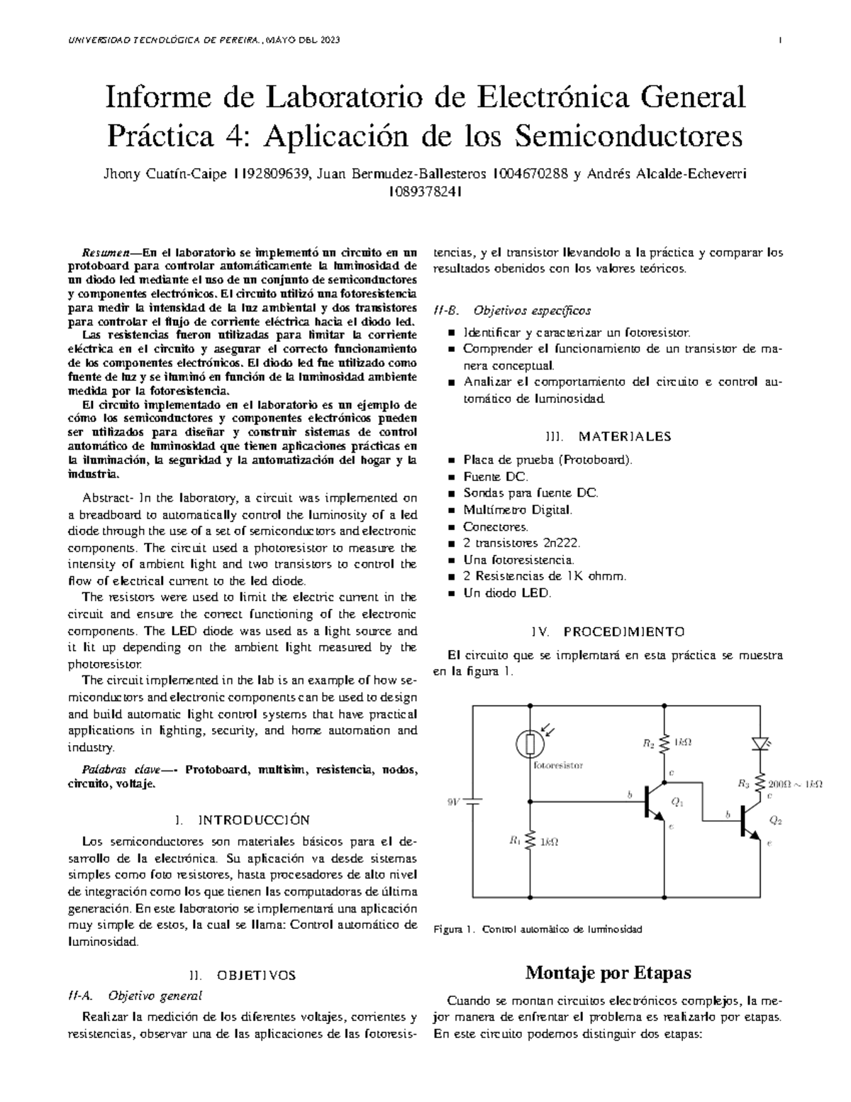 Informe P4 - Informe de Laboratorio de Electr ́onica General Pr ́actica 4: Aplicaci ́on de los ...