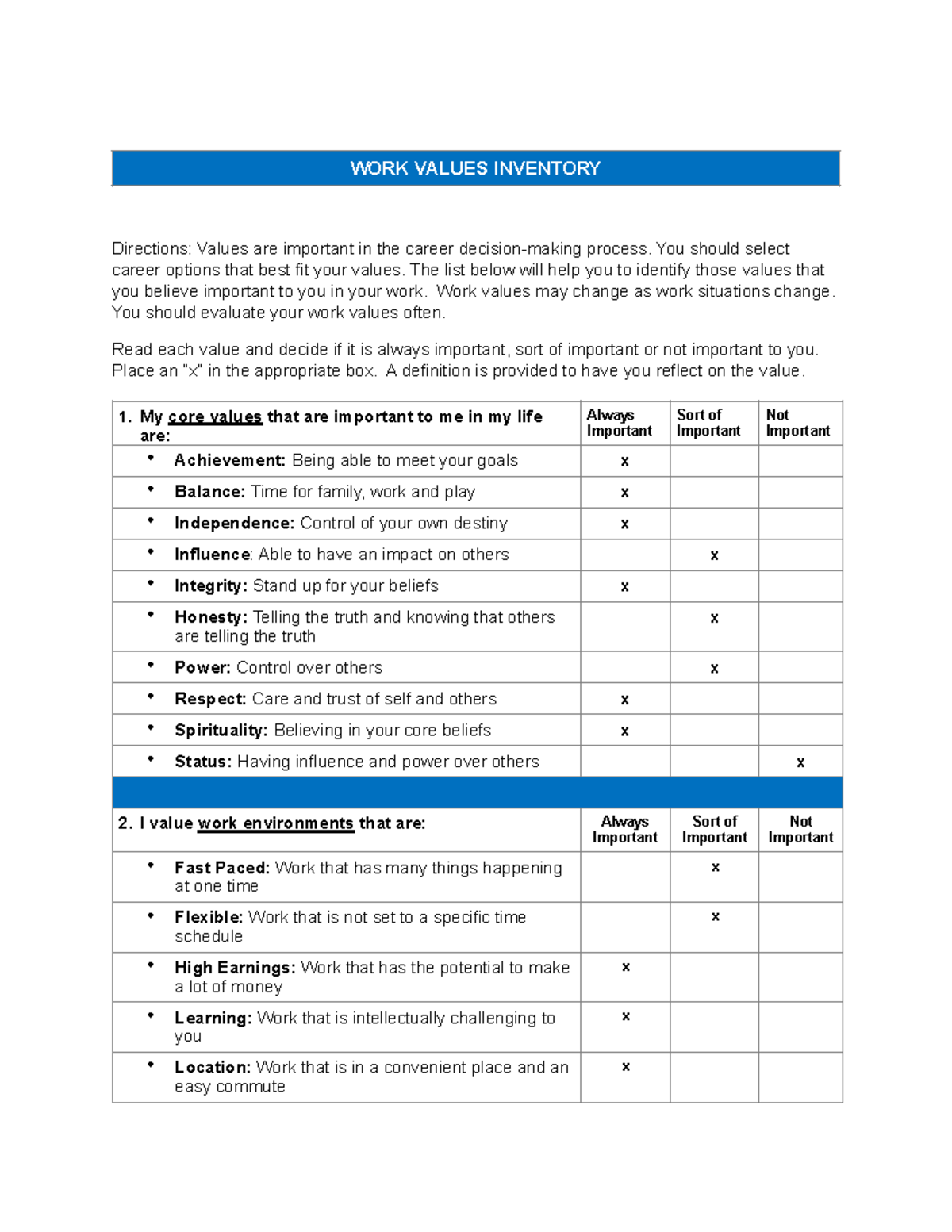 1.4 Work Values Inventory - Directions: Values are important in the ...