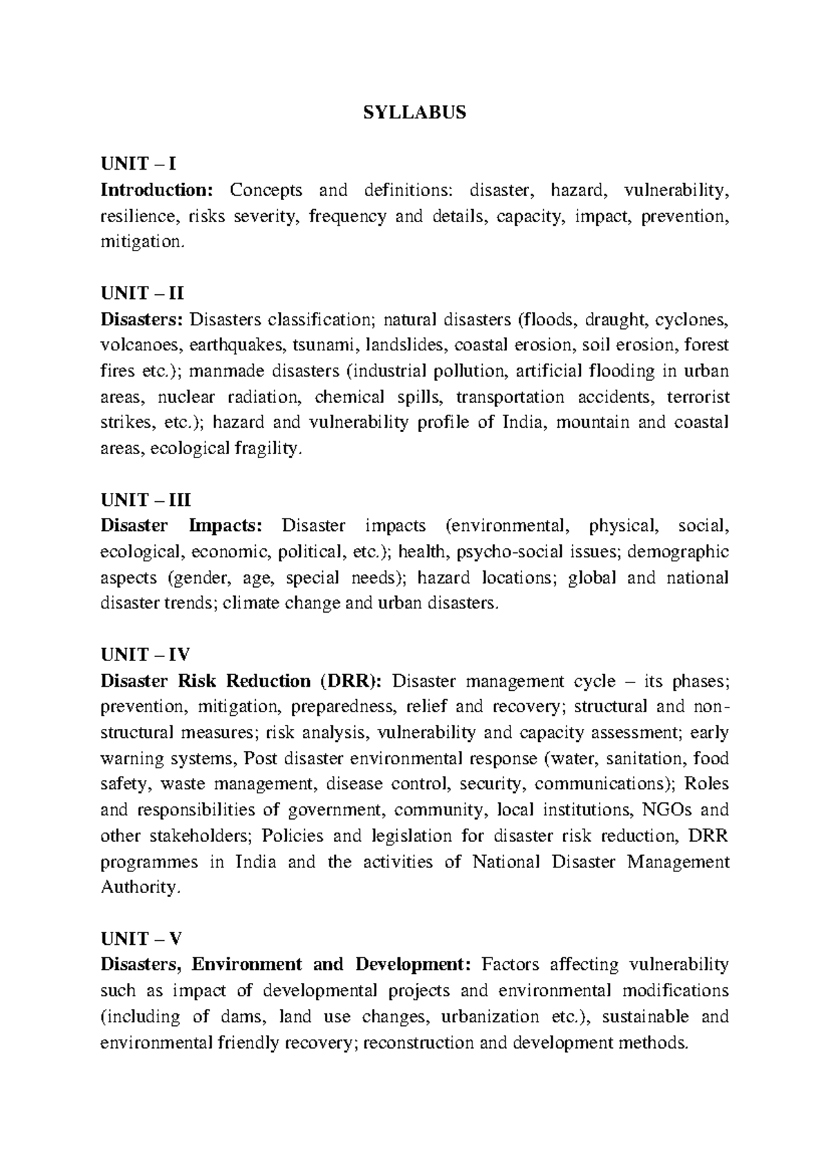 Unit 4 - Disaster Preparedness & Planning Management - SYLLABUS UNIT ...
