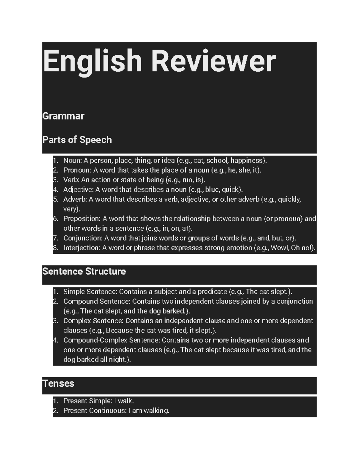 English Reviewer - English Reviewer Grammar Parts of Speech 1. Noun: A ...