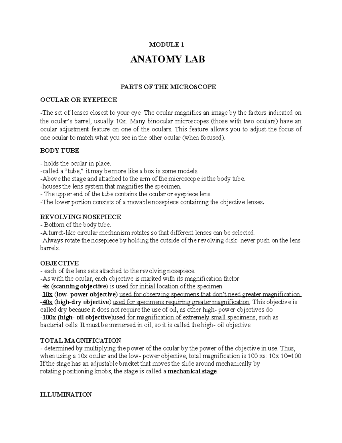 Module 1 Anatomy Lab - Microscope - MODULE 1 ANATOMY LAB PARTS OF THE ...