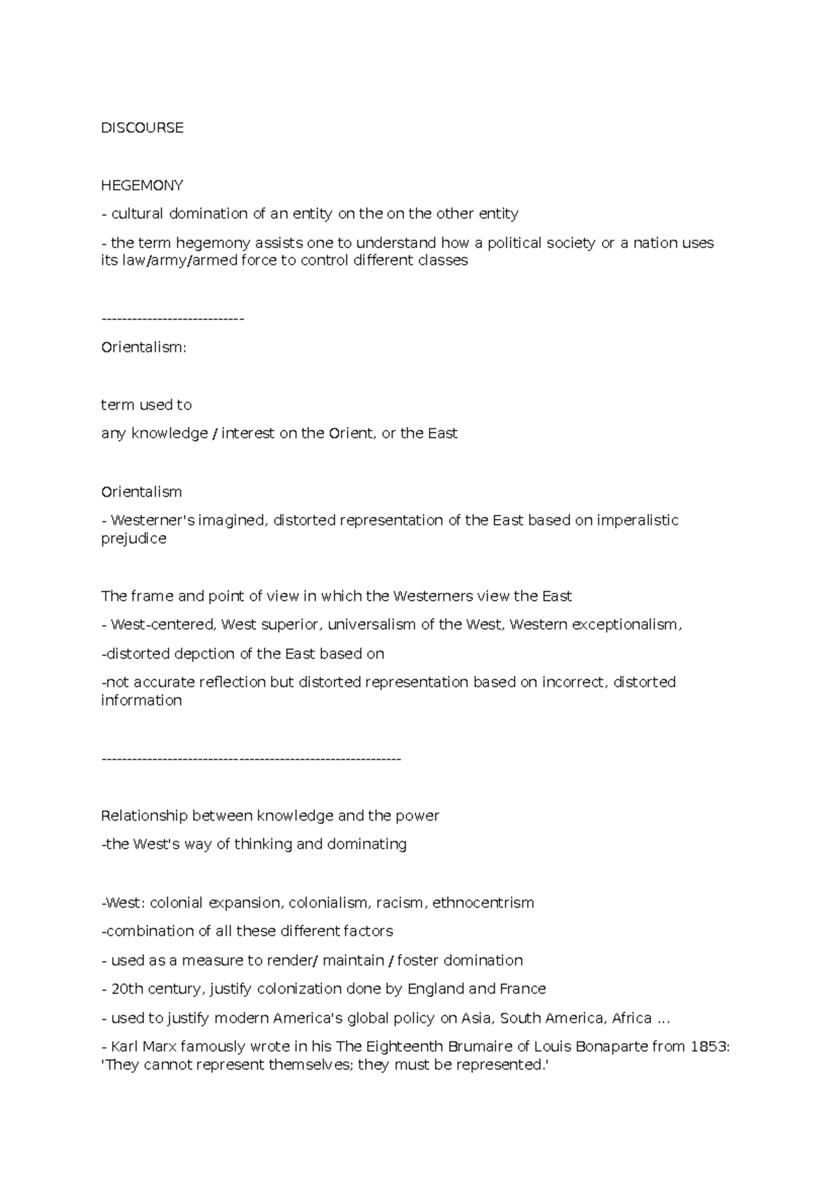 Orientalism note - 강의 필기 8 - DISCOURSE HEGEMONY - cultural domination ...
