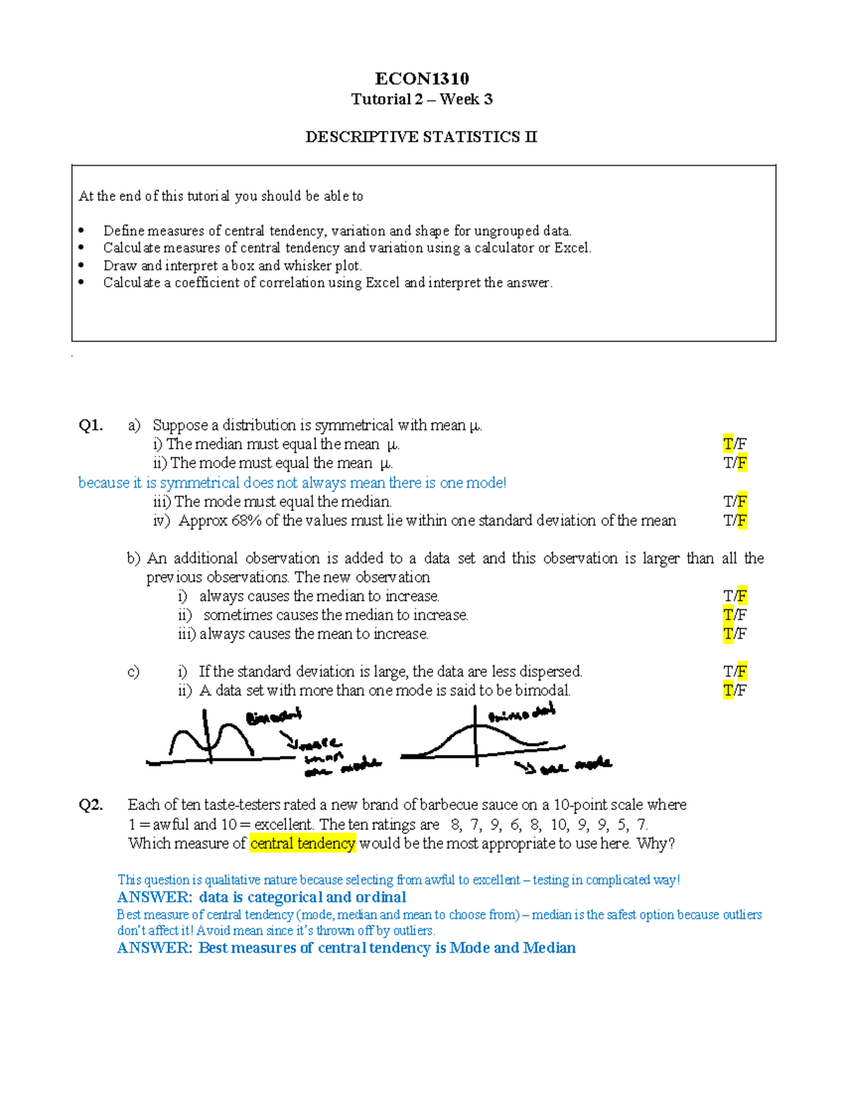 ECON1310 Tutorial 2 - Questions - ECON Tutorial 2 – Week 3 DESCRIPTIVE ...