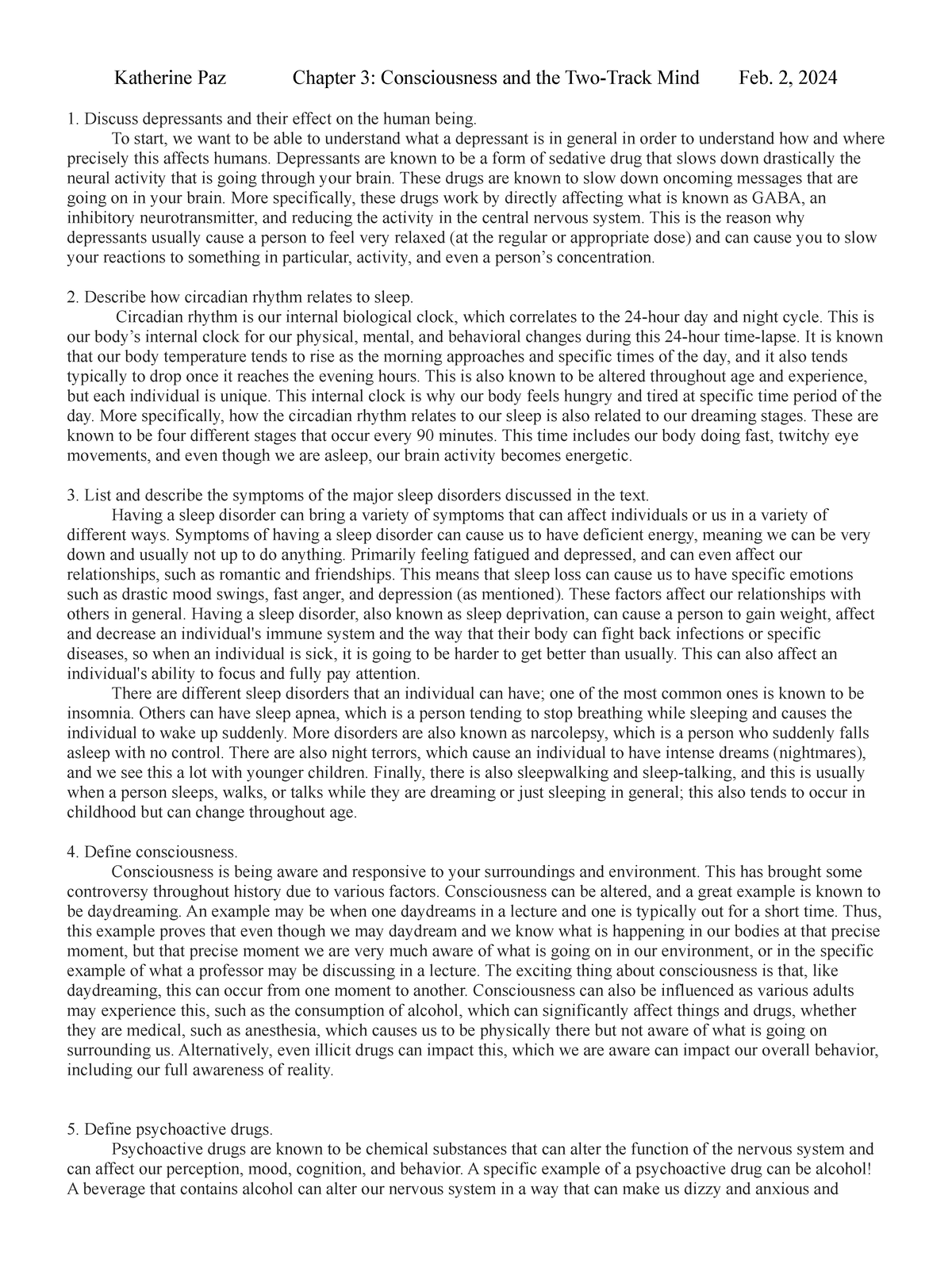 Chapter 3 Assignemnt - Katherine Paz Chapter 3: Consciousness and the Two-Track Mind Feb. 2 ...