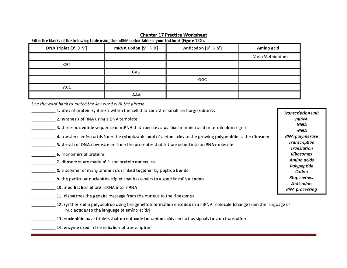 Chap17 Practice Worksheet - Chapter 17 Practice Worksheet Fill in the ...