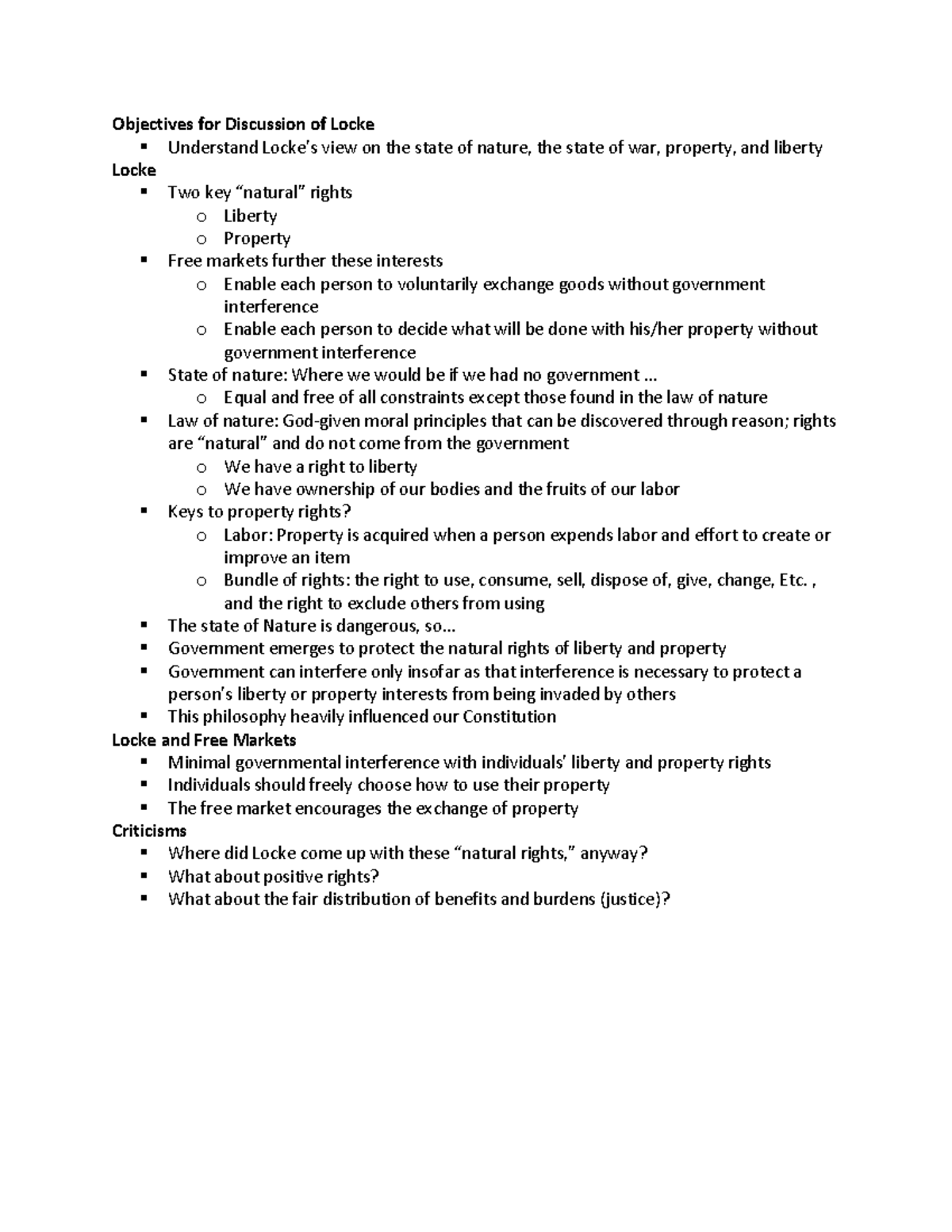 Business Ethics Locke - Objectives for Discussion of Locke § Understand ...