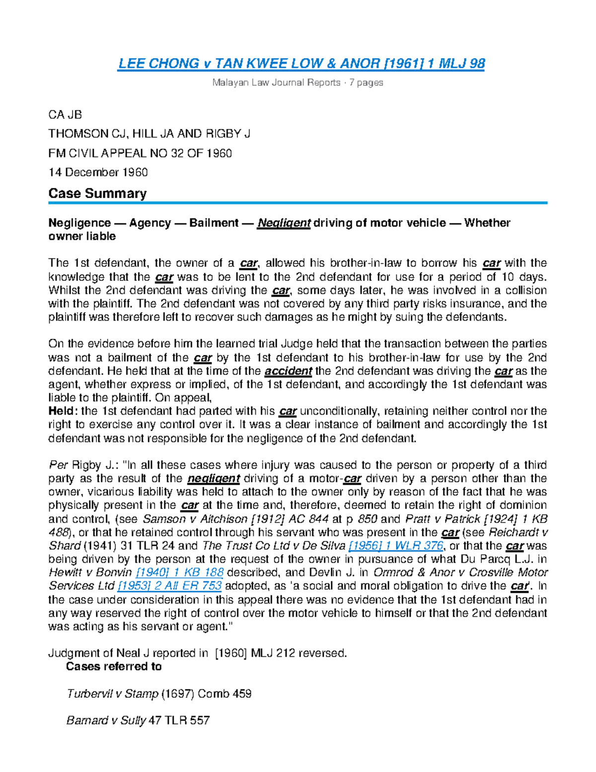 LEE Chong v TAN KWEE LOW & ANOR, [1961] 1 MLJ 98 - LEE CHONG v TAN KWEE ...