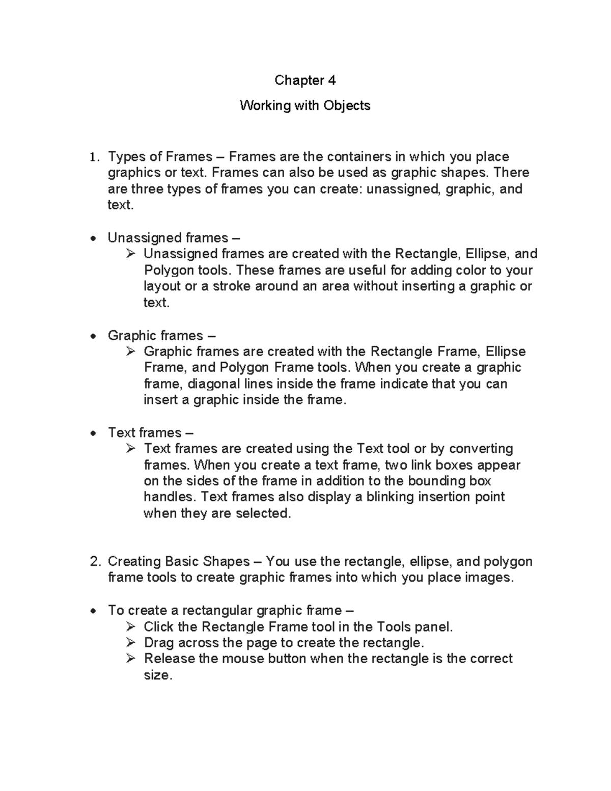 Chapter 4 Working With Objects - Chapter 4 Working with Objects Types of Frames – Frames are the ...
