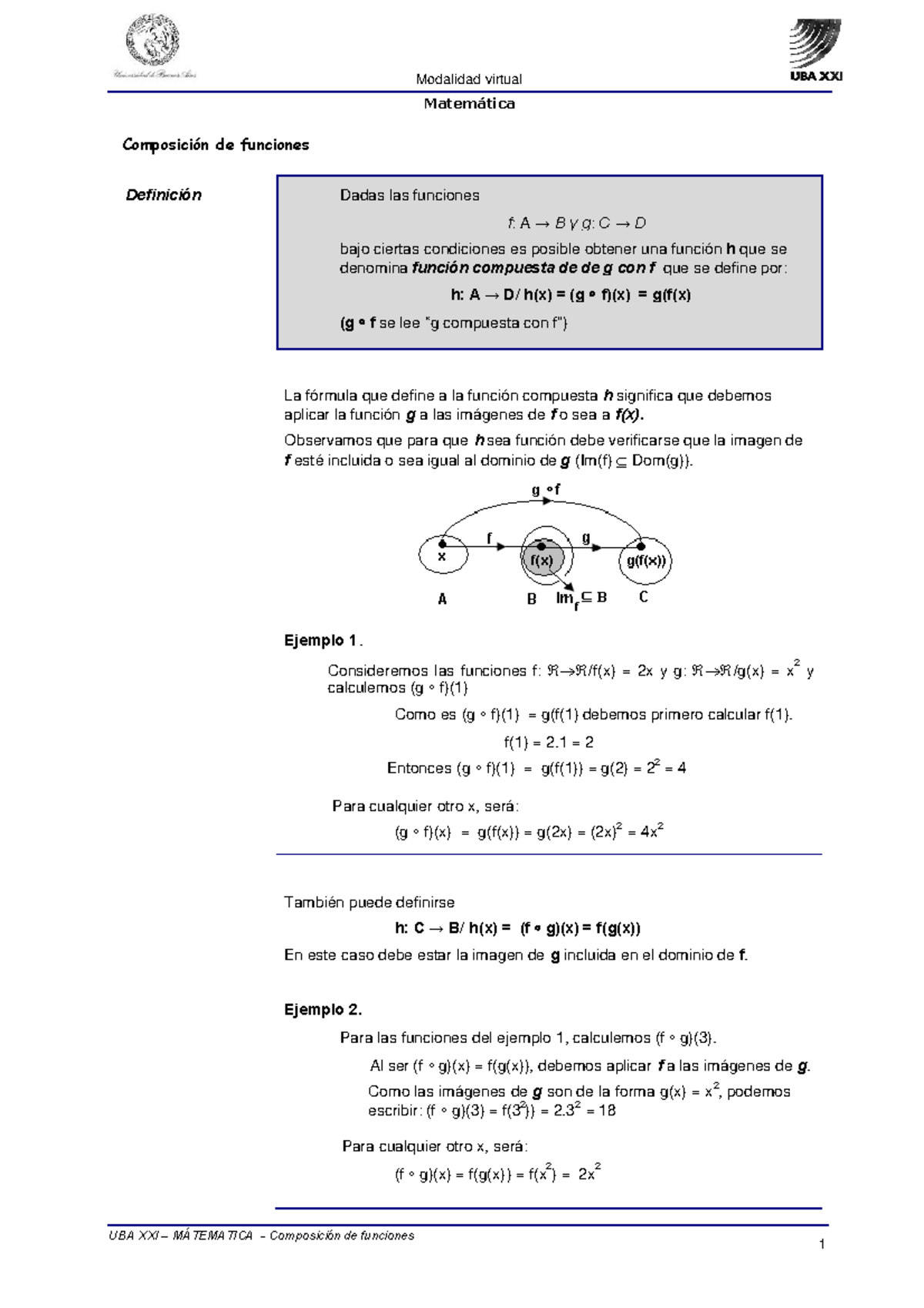 1 Composición de funciones - Modalidad virtual Matem·tica ComposiciÛn de funciones Dadas las ...