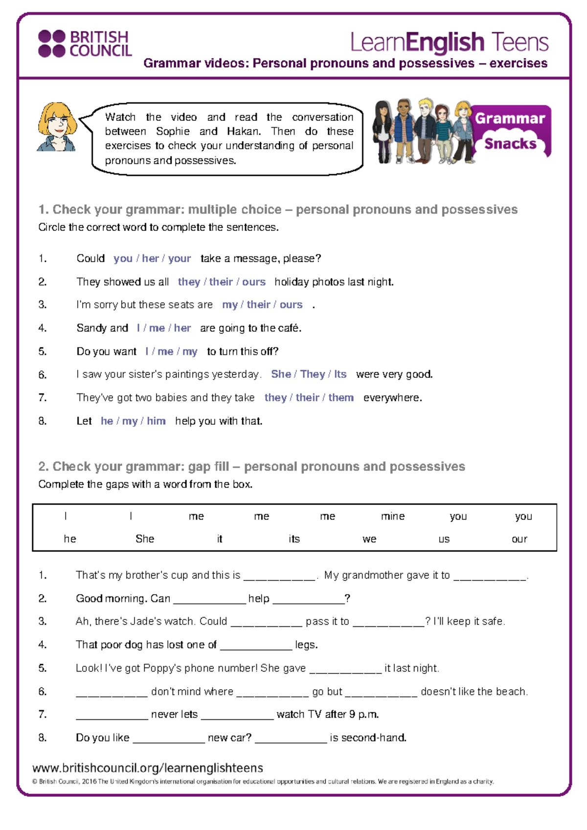 Personal-pronouns-and-possessives-exercises - Grammar videos: Personal ...