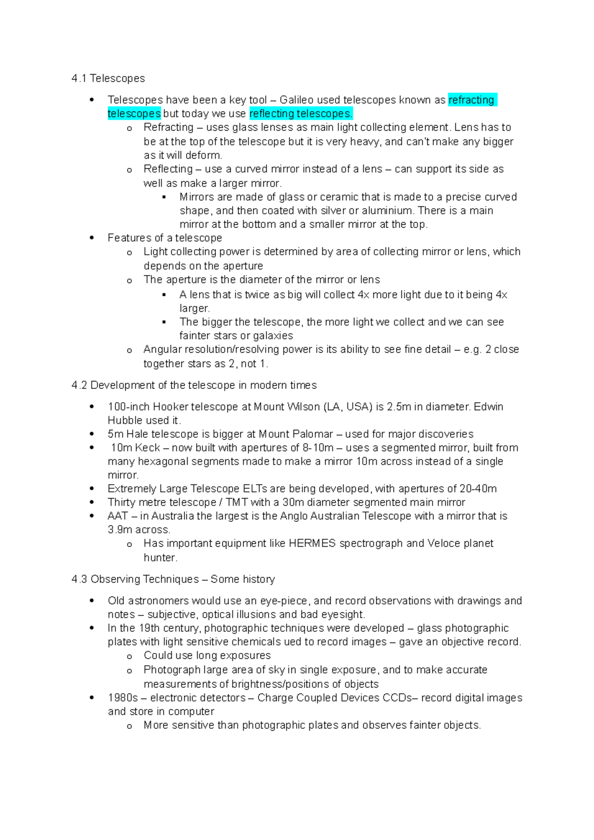 Lesson 4 - Lecture notes from module 4 - 4 Telescopes Telescopes have ...