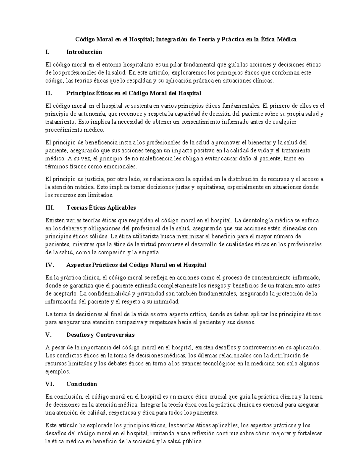 Código Moral en el Hospital - Código Moral en el Hospital; Integración ...