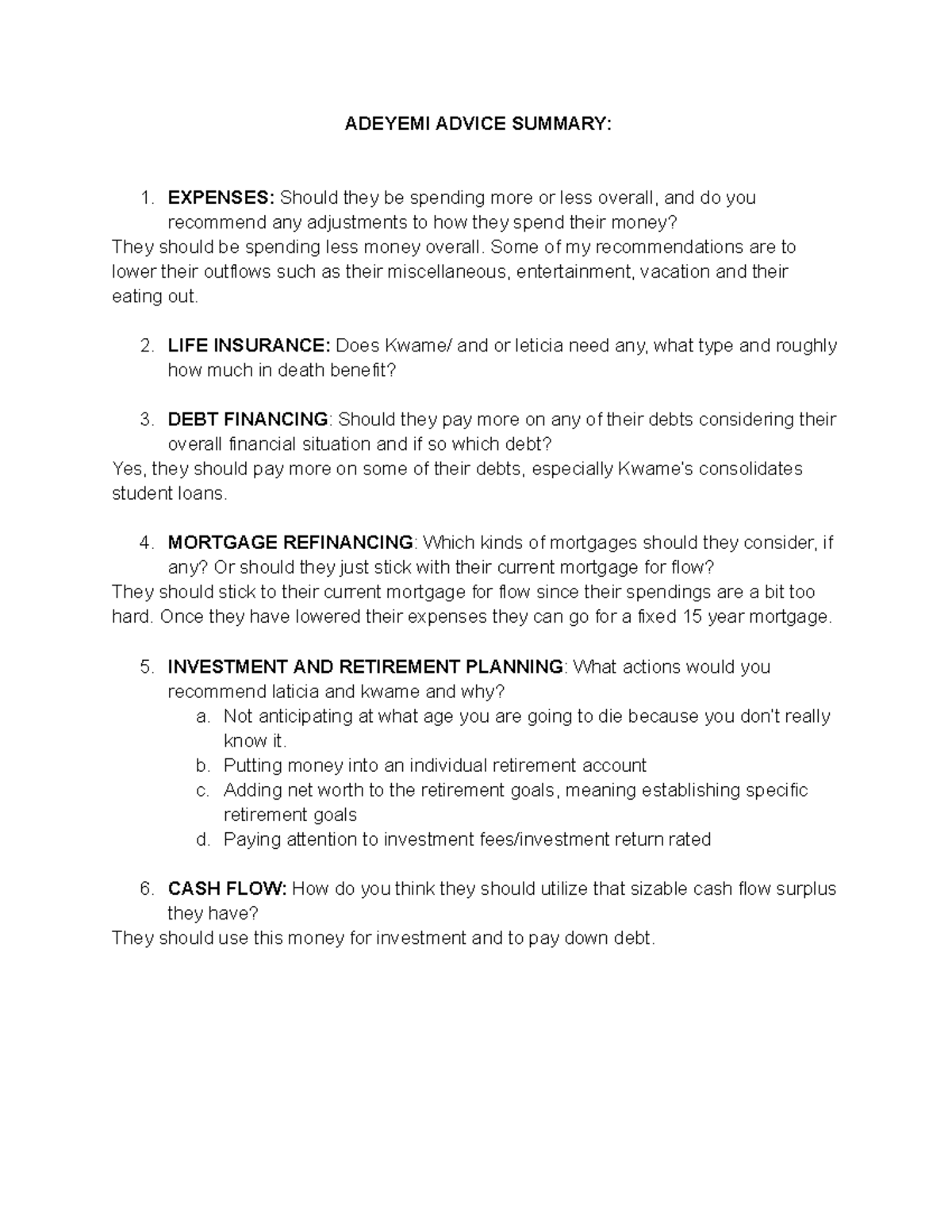Adeyemi Advice Summary - ADEYEMI ADVICE SUMMARY: EXPENSES: Should they be spending more or less ...