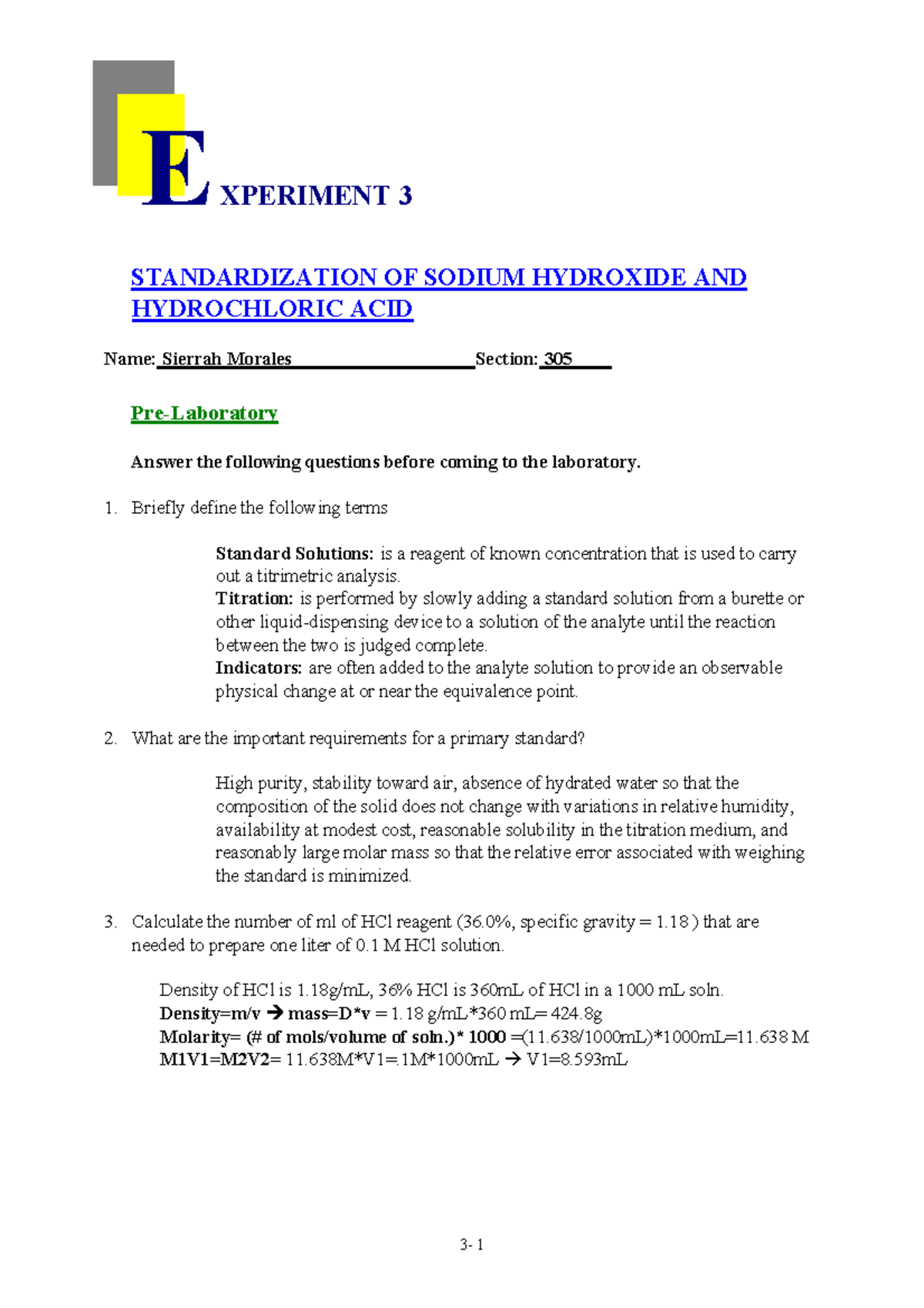 Exp.03 finished - Lab - E XPERIMENT 3 STANDARDIZATION OF SODIUM ...