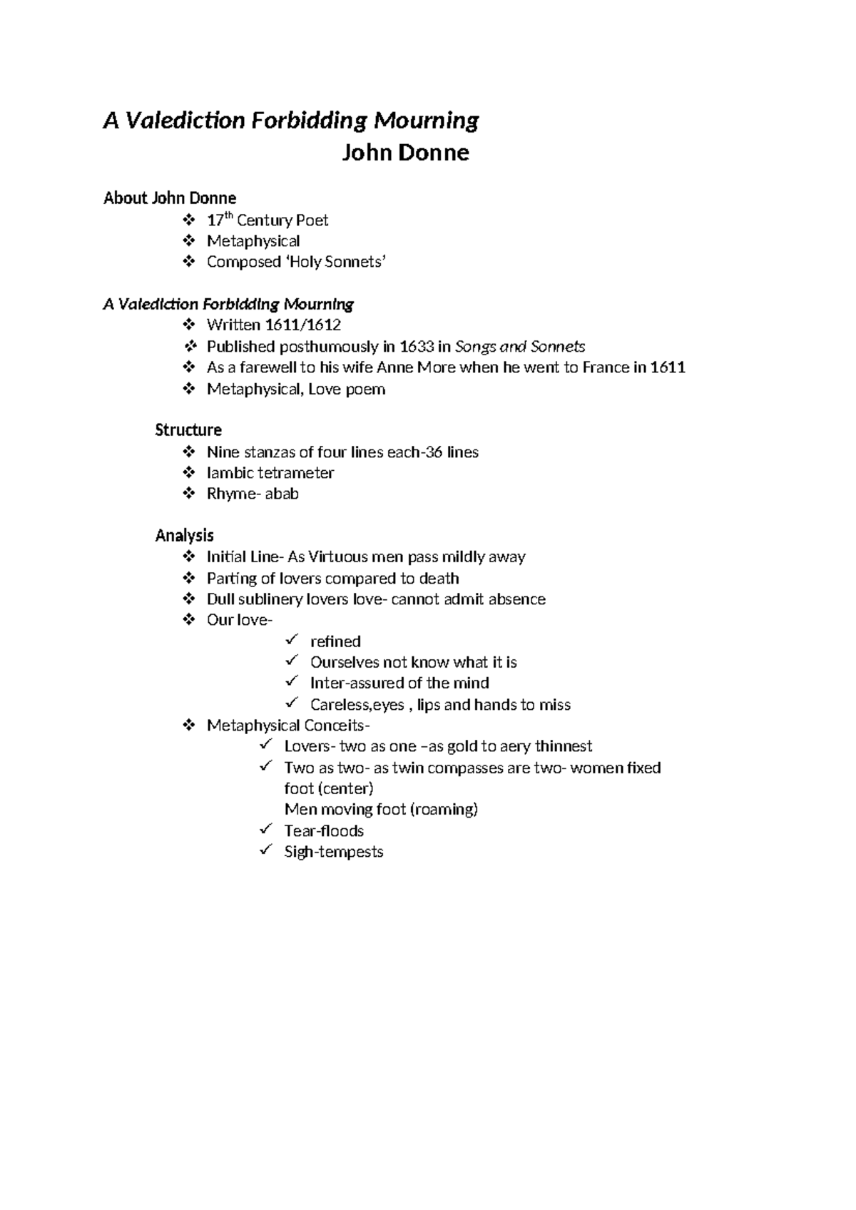 A Valediction Forbidding Mourning - Studocu