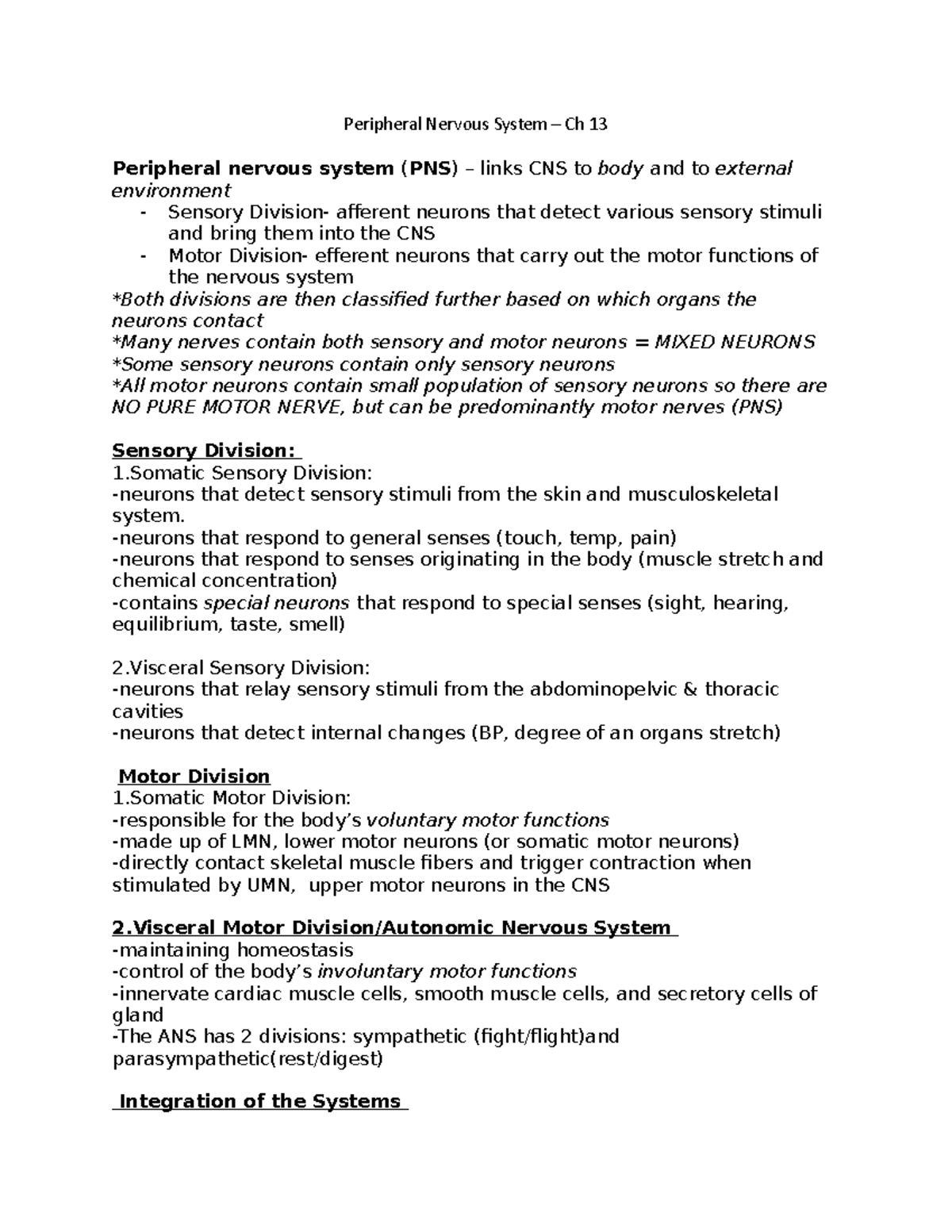 Peripheral Nervous System Text and Lecture Summary - Peripheral Nervous ...