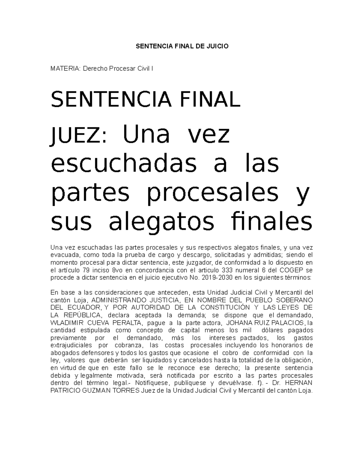 Sentencia Final DE Juicio - SENTENCIA FINAL DE JUICIO MATERIA: Derecho ...
