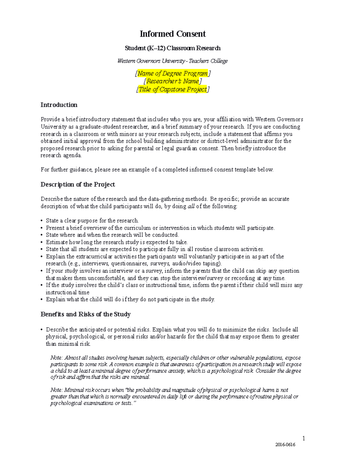 Informed Consent Template Children - Informed Consent Student (K–12 ...