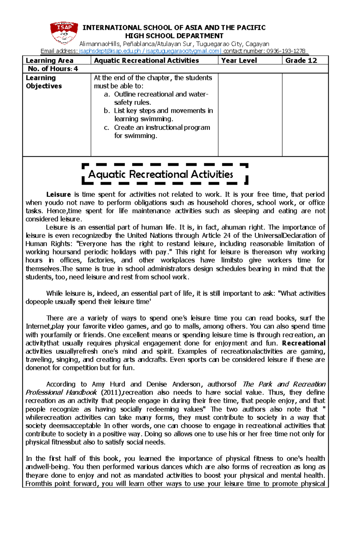 Reading Materials Template P - INTERNATIONAL SCHOOL OF ASIA AND THE ...