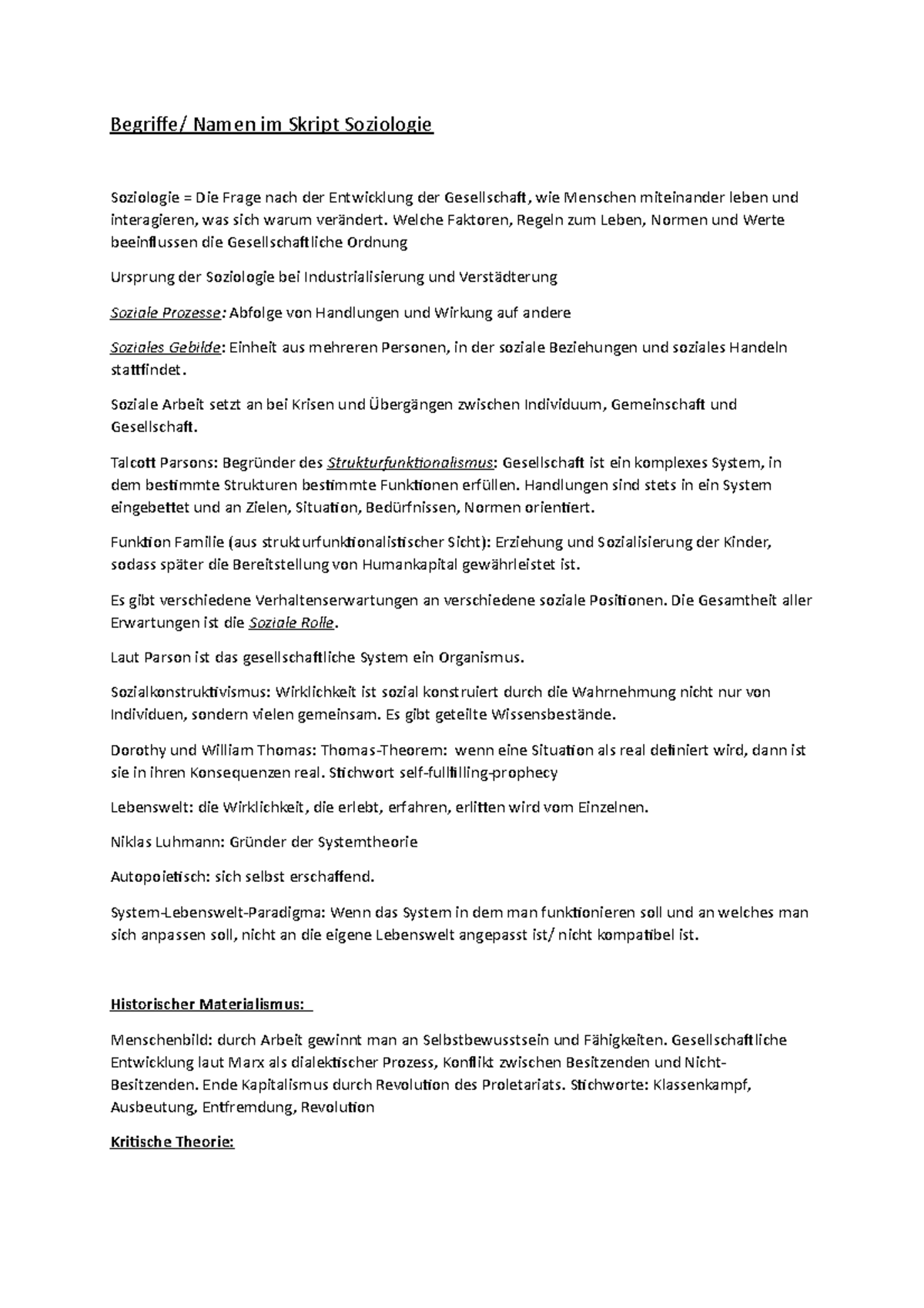 Soziologie Notizen - Einige wichtige Begriffe und Namen zusammengefasst ...