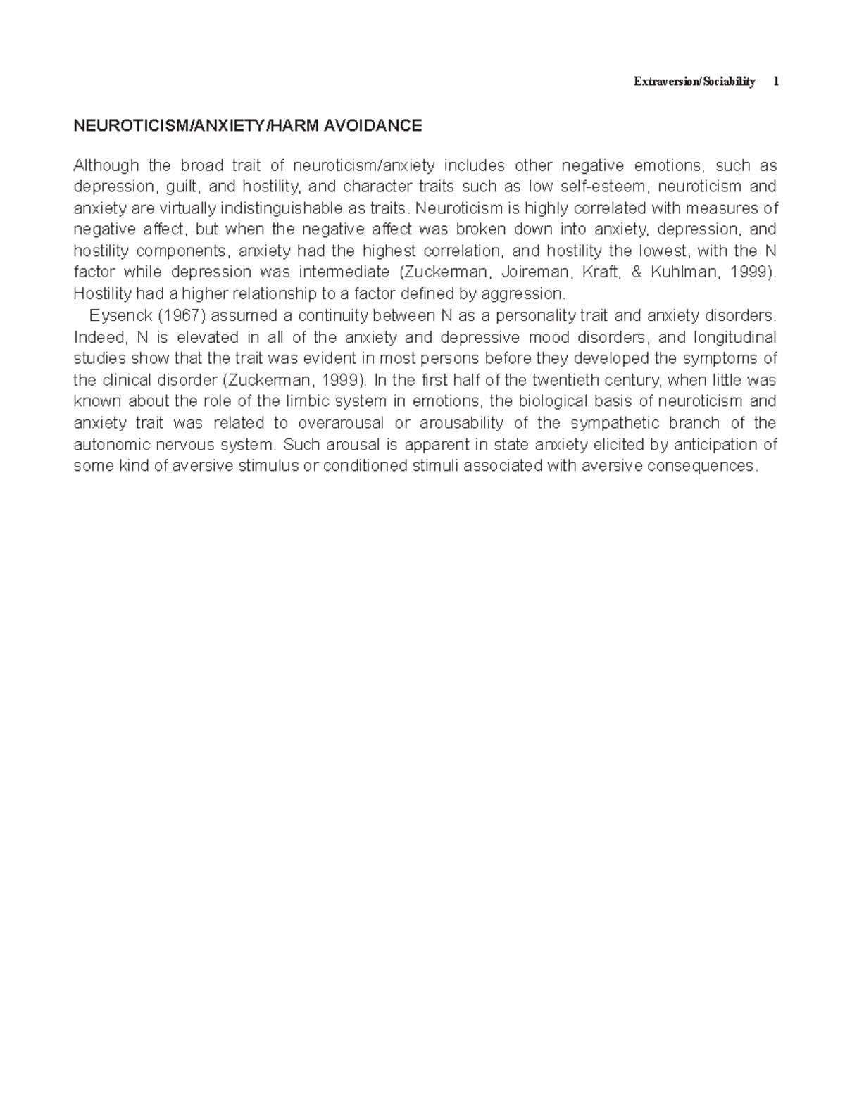 Biological Bases of Personality - NEUROTICISM/ANXIETY/HARM AVOIDANCE ...