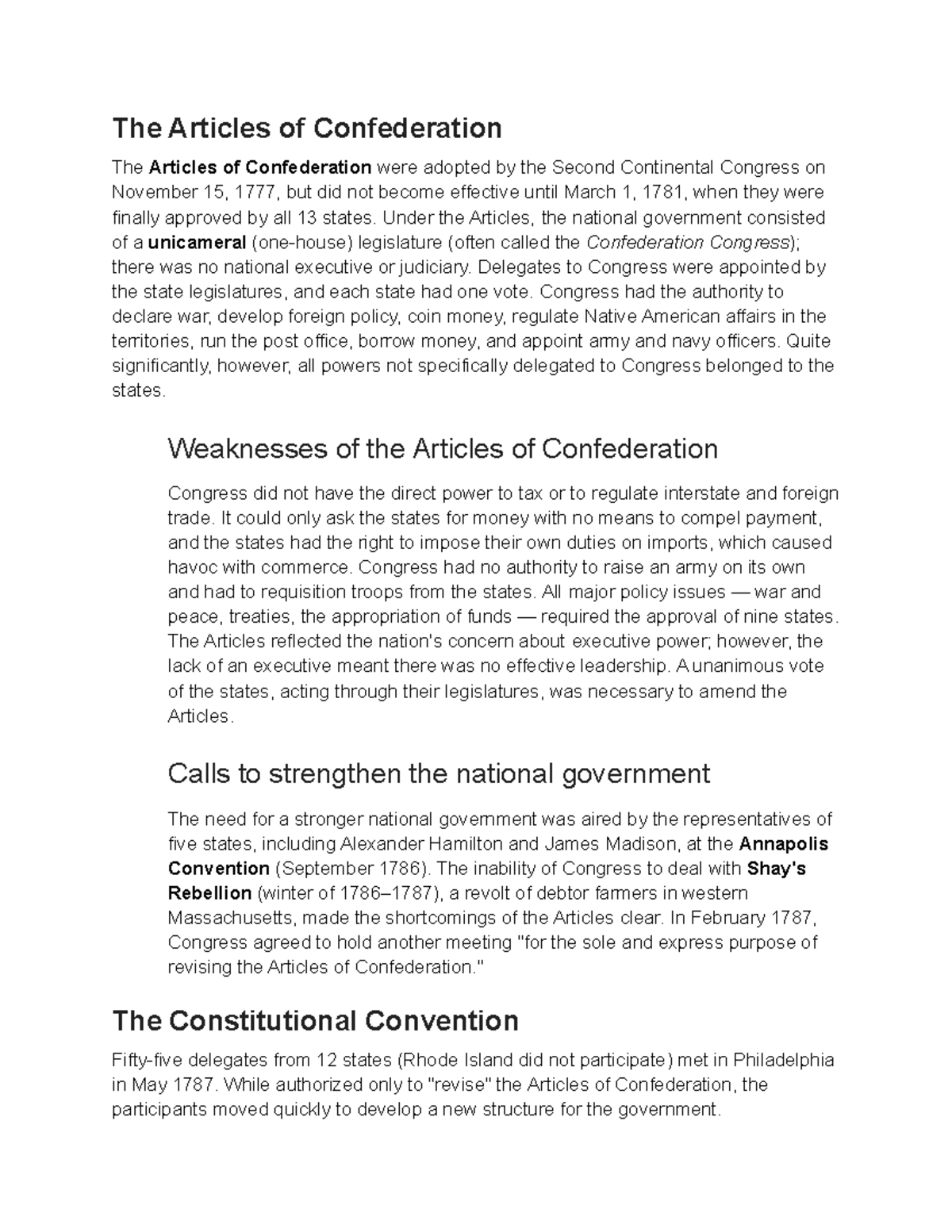 Forming of U.S Constitution - The Articles of Confederation The ...