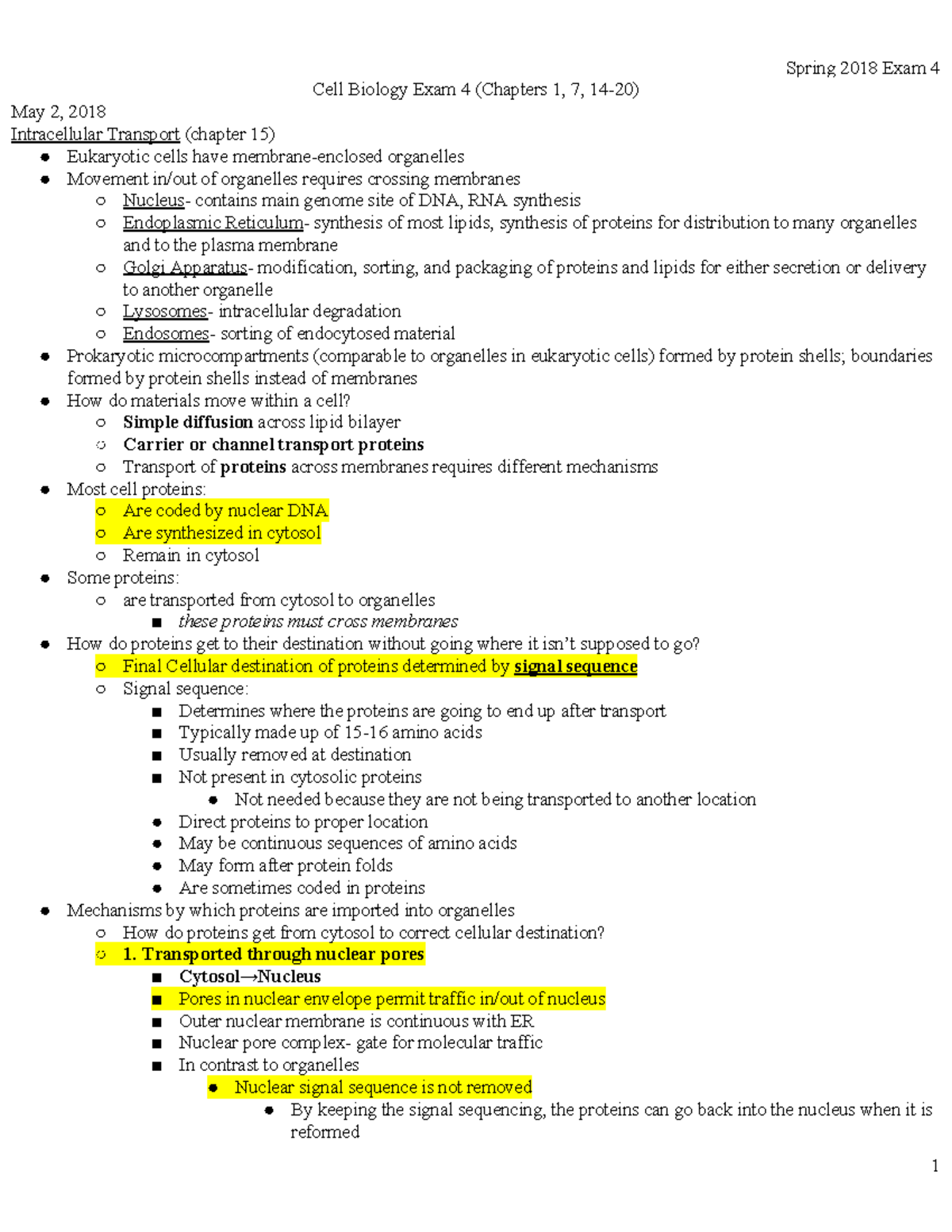 Cell Biology Lecture Notes - Test 4 - Spring 2018 Exam 4 Cell Biology ...