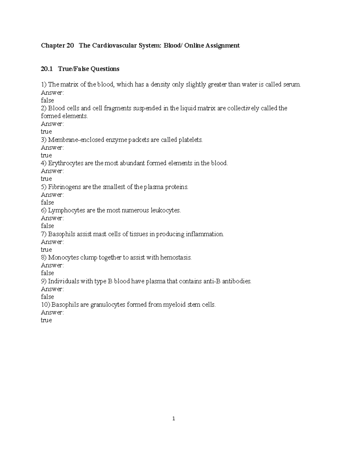 Ch 20 - Chapter 20 The Cardiovascular System: Blood/ Online Assignment ...