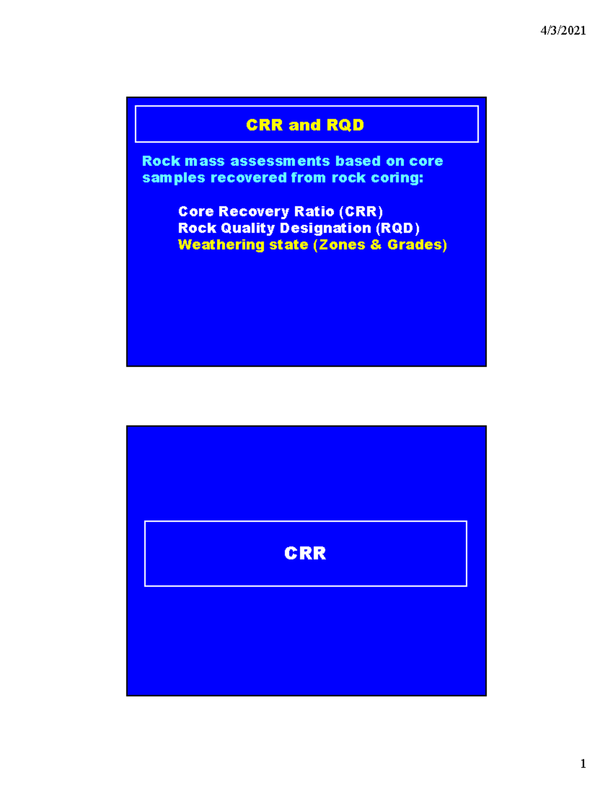 ROCK MASS CRR & RQD - CRR and RQD Rock mass assessments based on core ...