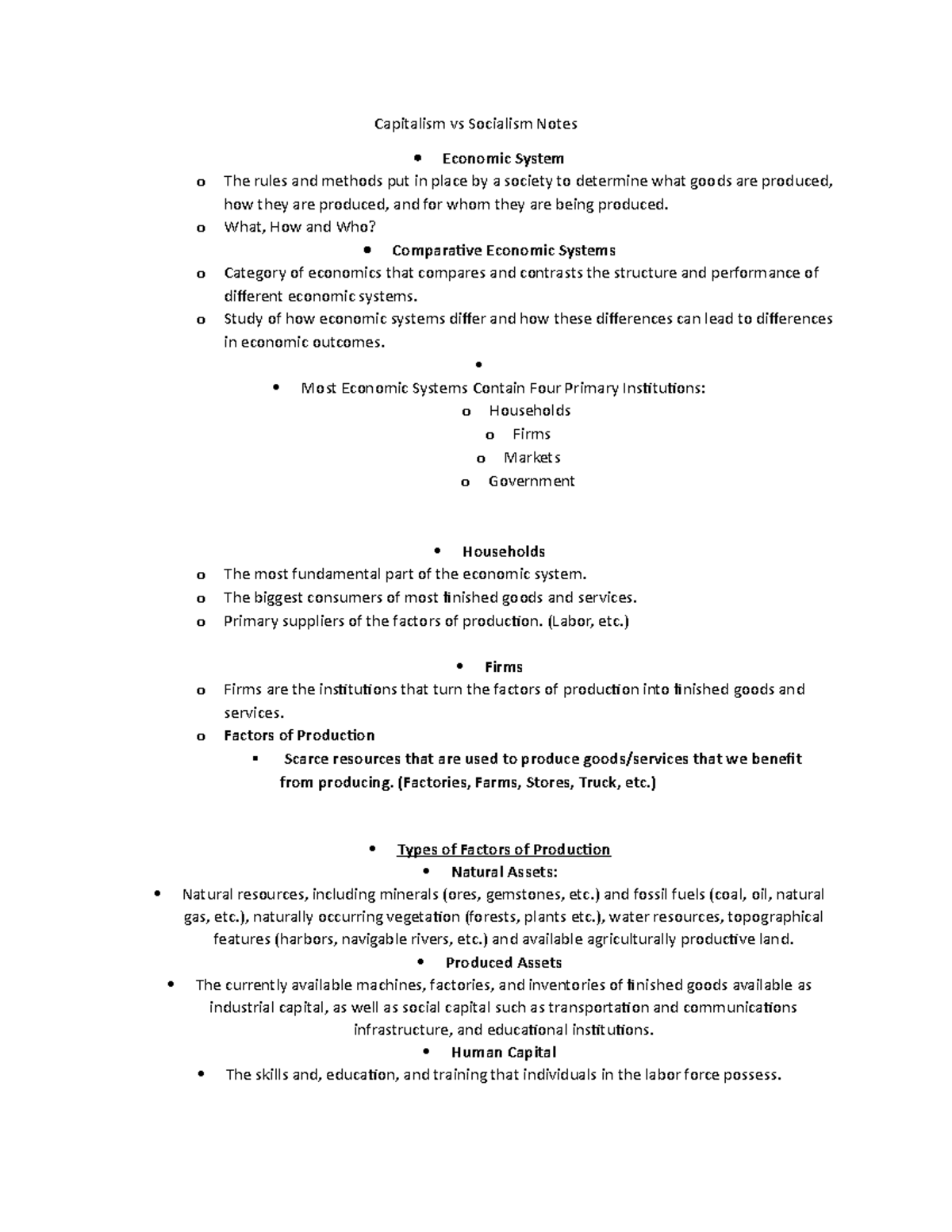 Capitalism vs Socialism Notes - o What, How and Who? Comparative ...