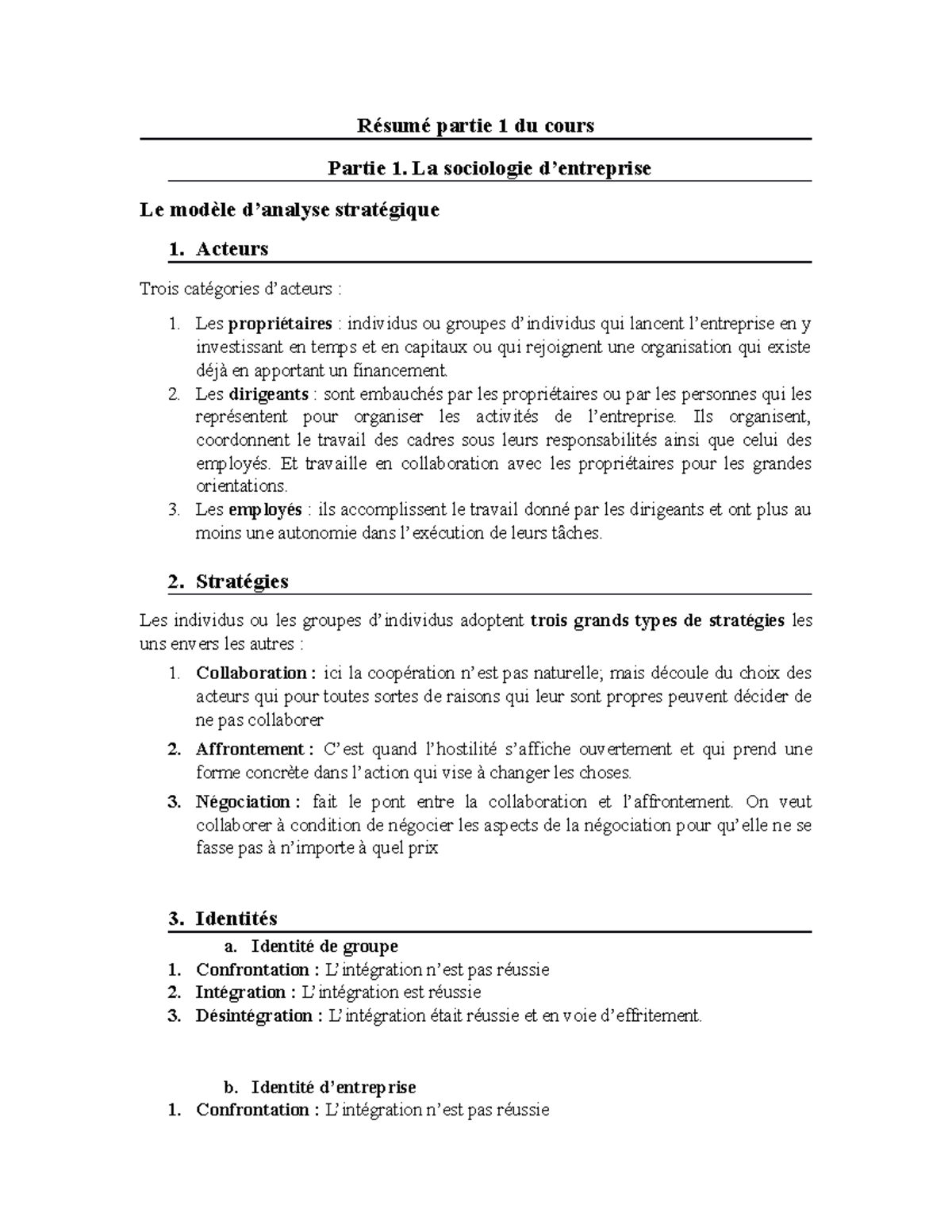 Résumé partie 1 du cours - Résumé partie 1 du cours Partie 1. La sociologie d’entreprise Le ...