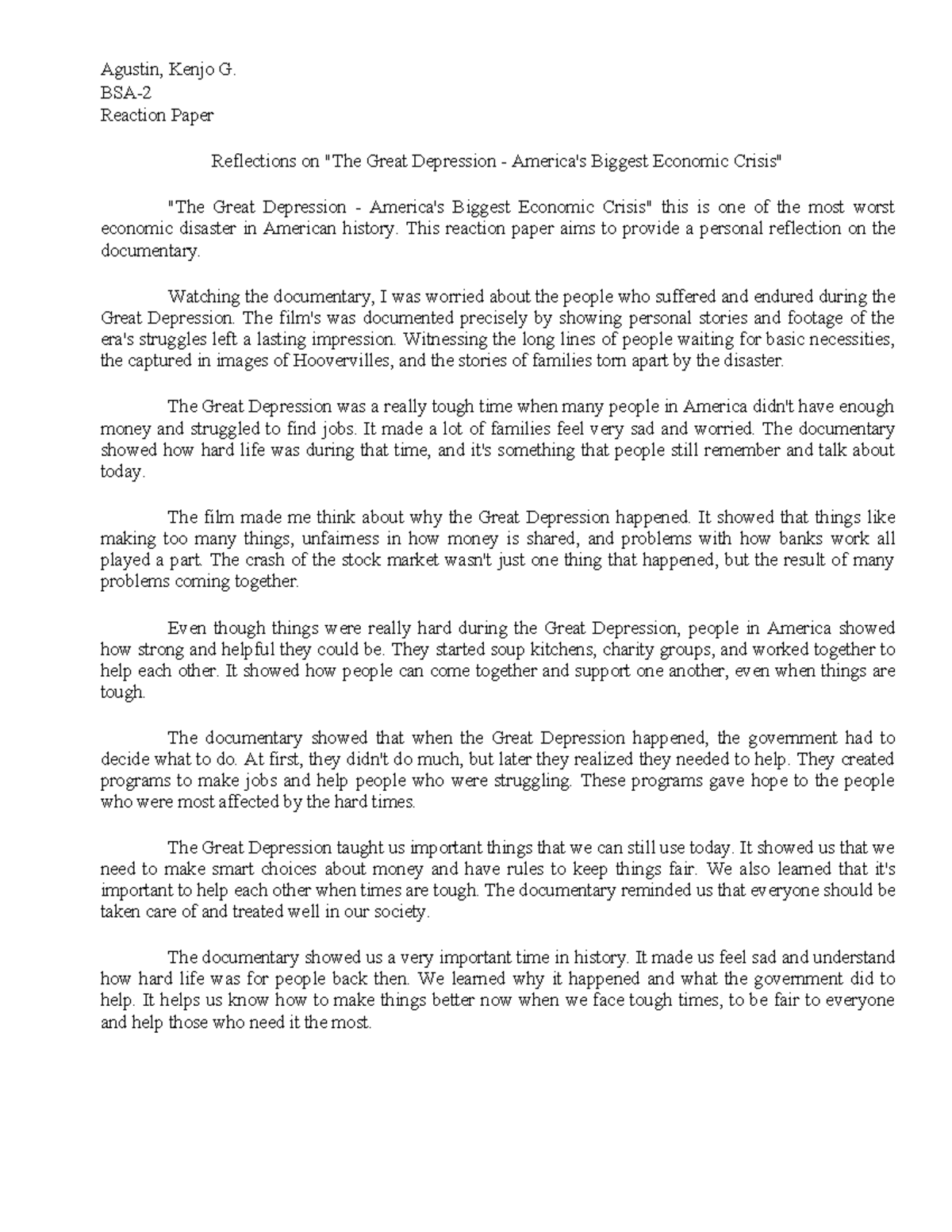 Agustin Kenjo Reaction Paper - Agustin, Kenjo G. BSA- Reaction Paper ...