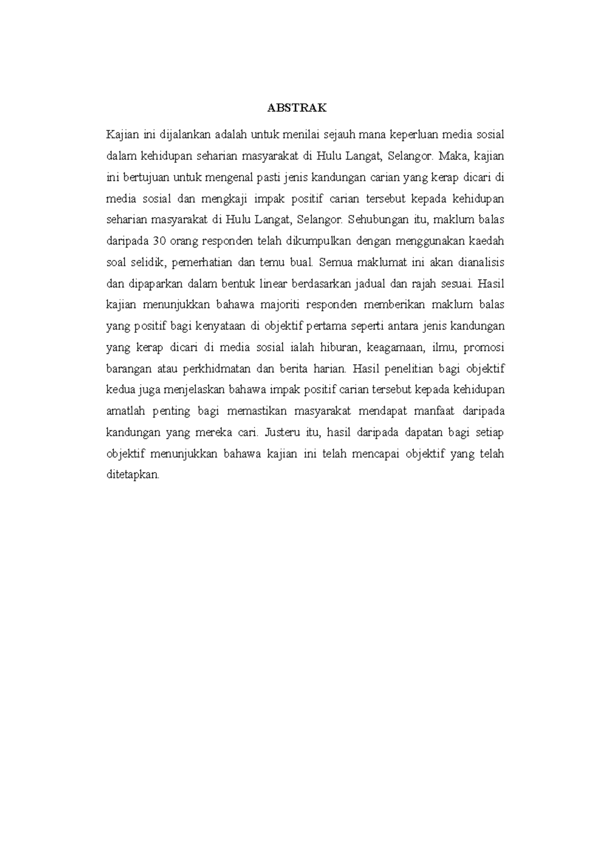 Abstrak PA - ITS JUST CAUSE I WANNA A FREE DOC - ABSTRAK Kajian ini dijalankan adalah untuk ...