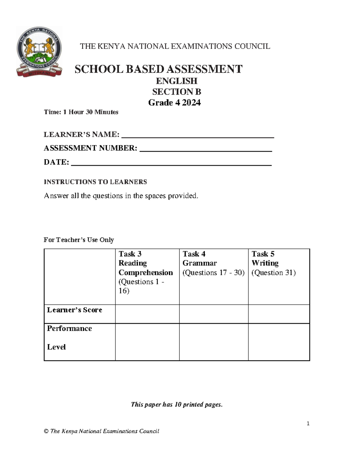 SET 2 Grade 4 Section B SBA 2023 - 1 THE KENYA NATIONAL EXAMINATIONS COUNCIL SCHOOL BASED ...
