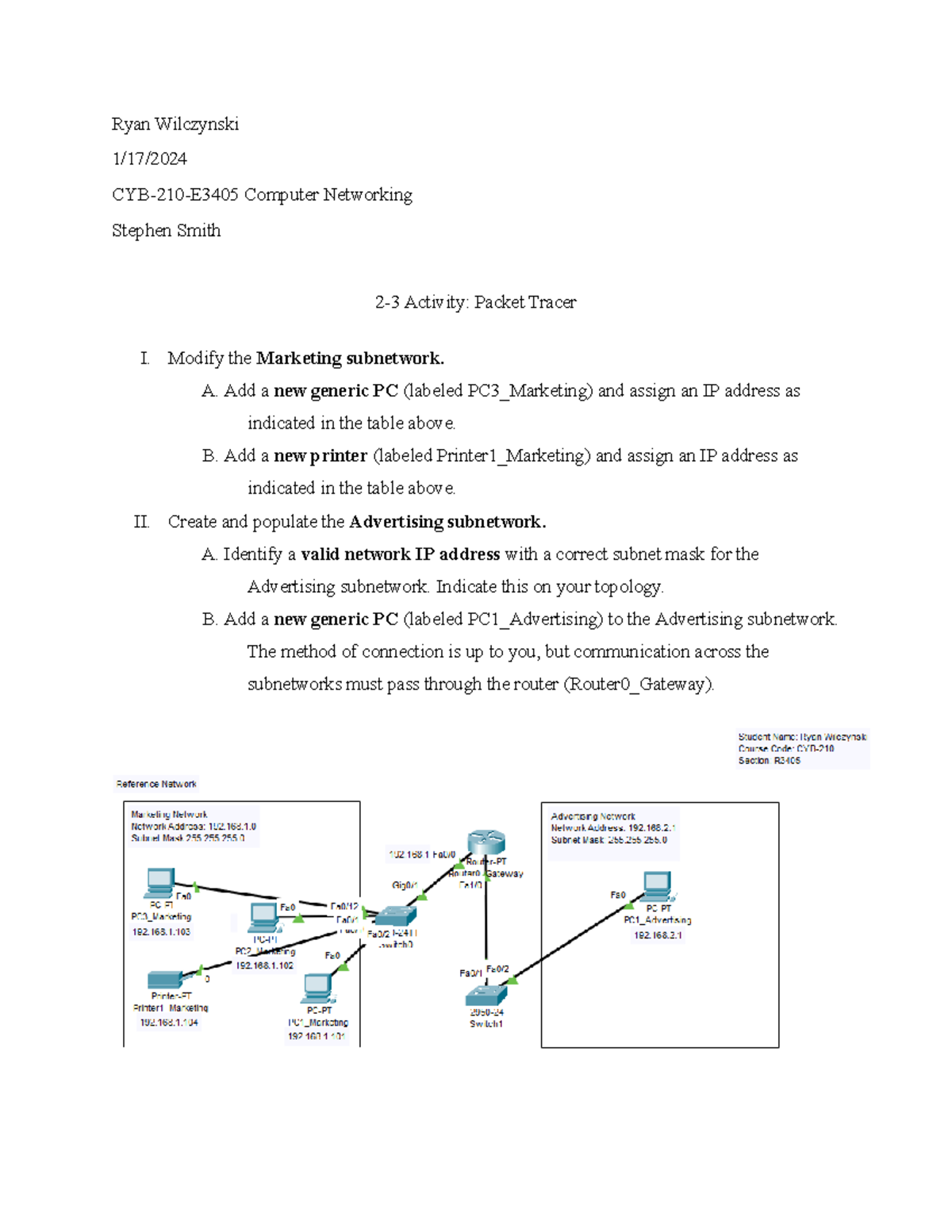 CYB 210 2-3 Activity Ryan Wilczynski - Ryan Wilczynski 1/17/ CYB-210-E3405 Computer Networking ...