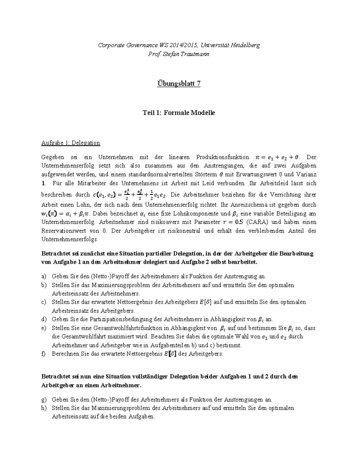 Ü bungsblatt 7 - WS 14/15 - Corporate Governance WS 2014/2015, Universität Heidelberg Prof ...