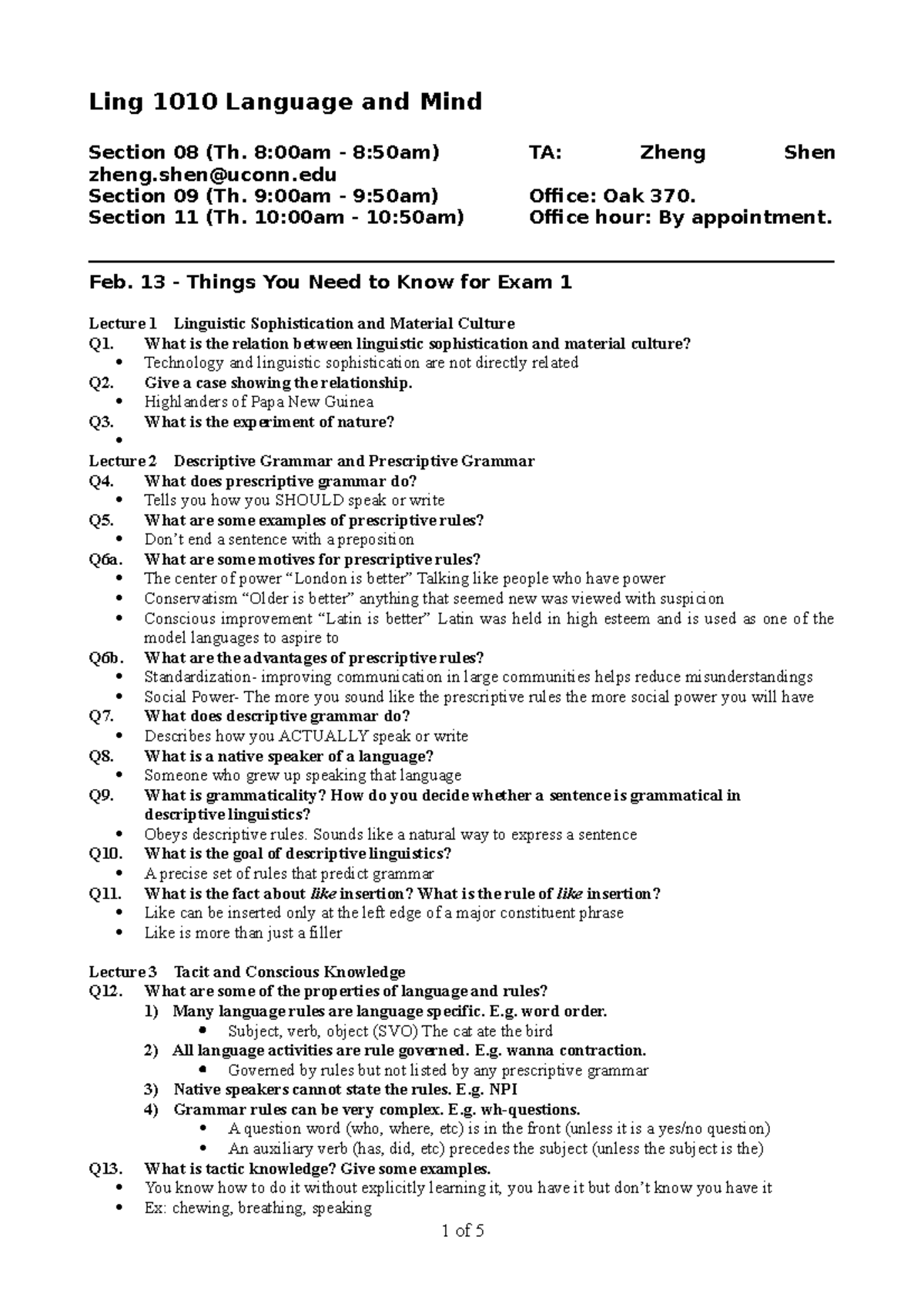 Lecture notes, Exam 1 study guide - Ling 1010 Language and Mind Section ...