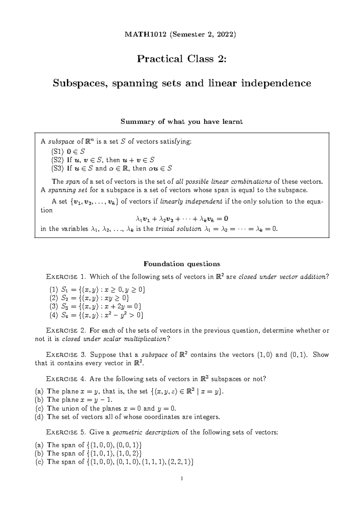 Prac2 - Practice Sheet 2 Math1012 - MATH1012 (Semester 2, 2022) Practical Class 2: Subspaces ...