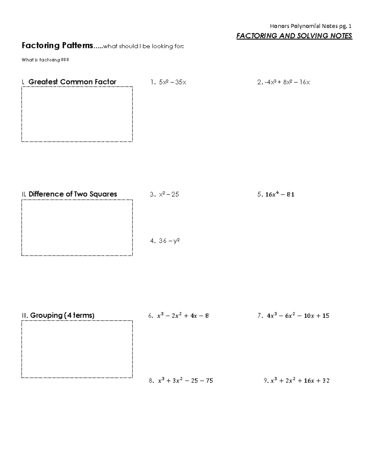 Notes Honors Polynomials - FACTORING AND SOLVING NOTES Factoring ...